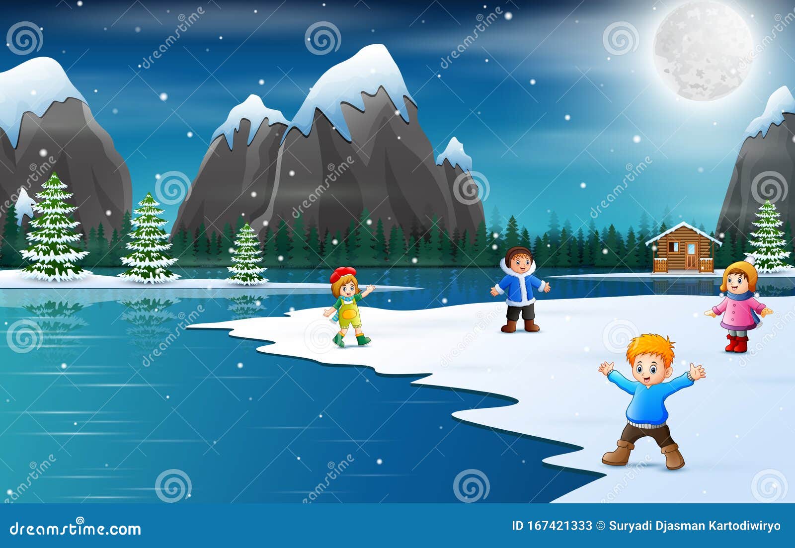 Happy Children Cartoon in Winter Time Stock Vector - Illustration of ...
