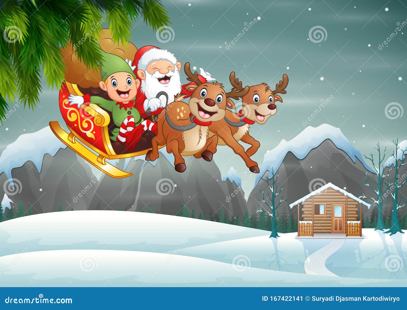 Happy Santa Claus and Elf Riding His Sleigh at Winter Snow Stock Vector ...