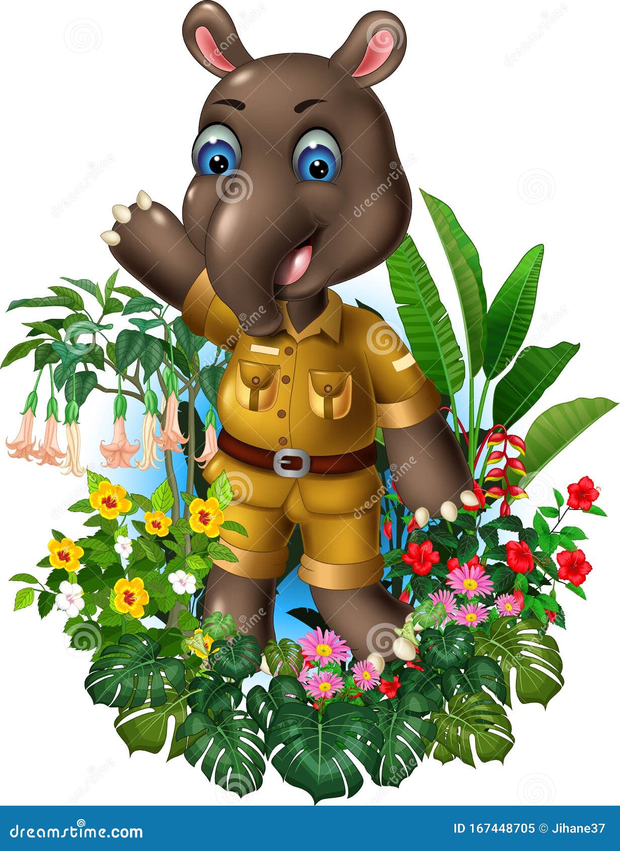 Funny Brown Tapir with Tropical Plant Flower Cartoon Stock Illustration ...