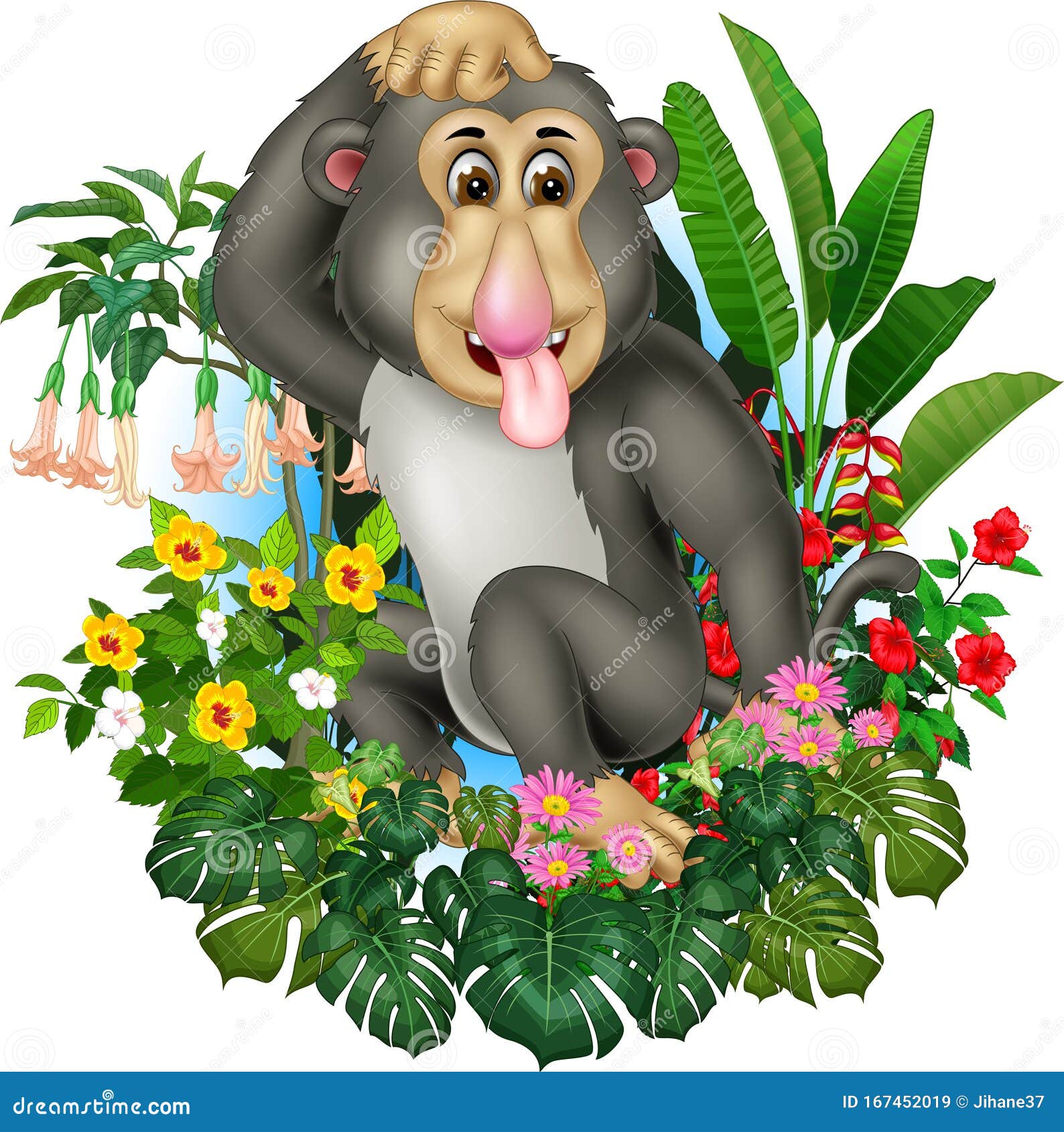 Funny Grey Monkey with Tropical Plant Flower Cartoon Stock Illustration ...