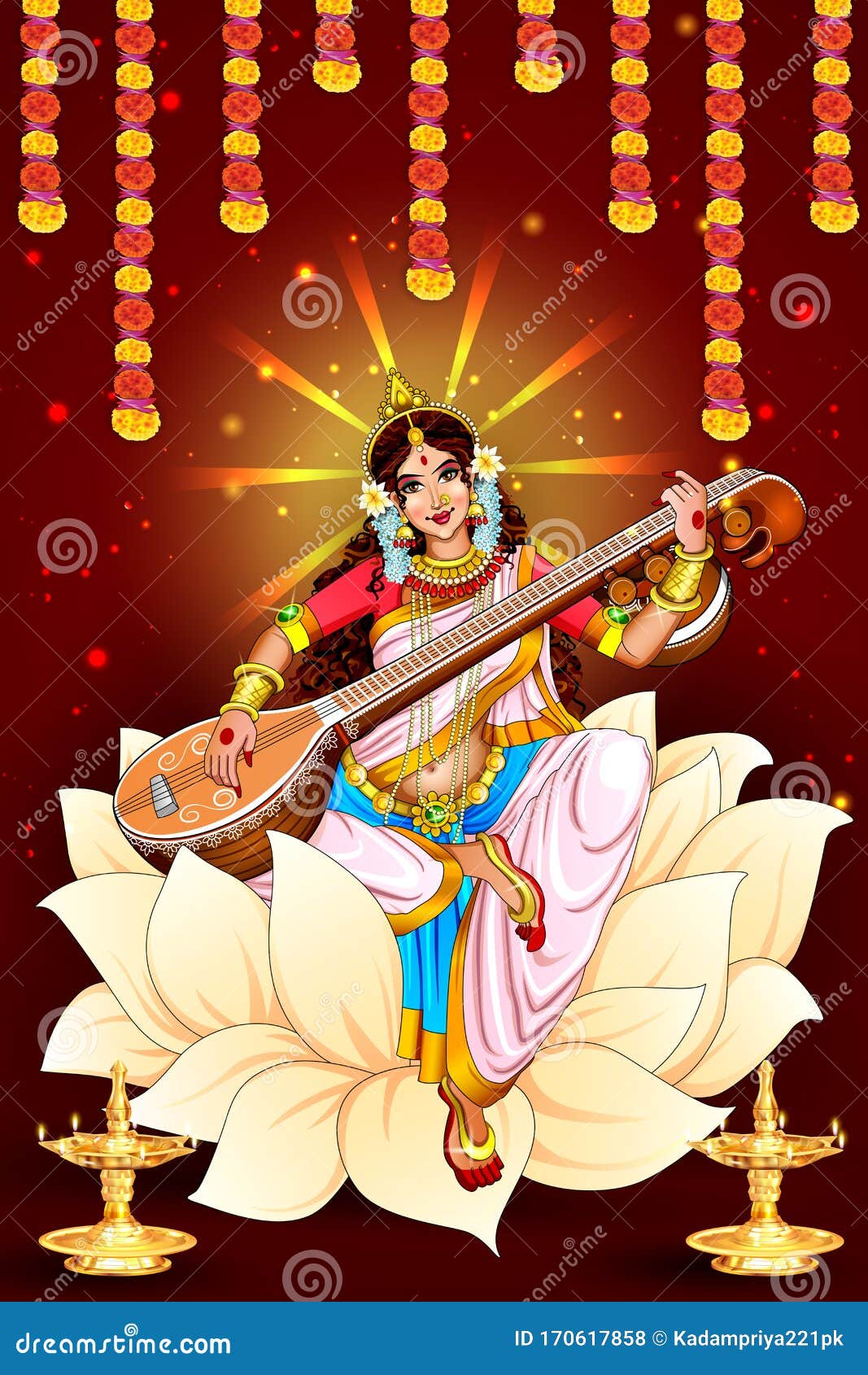 Goddess Of Wisdom Maa Saraswati With Her Veena And Books Sitting On ...