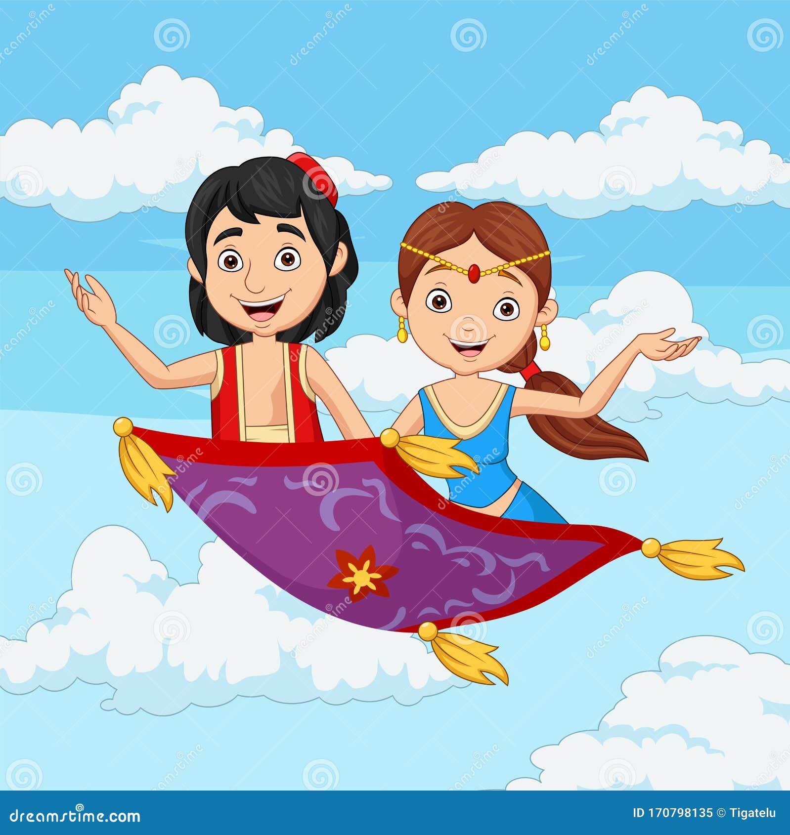 Cartoon Aladdin and Jasmine Travelling on Flying Carpet Stock Vector ...