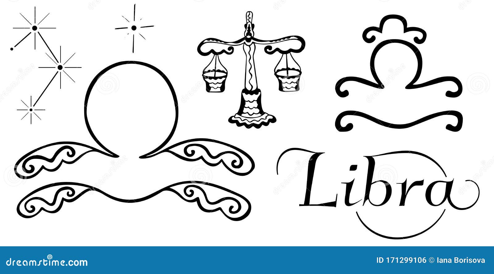 Hand Drawn Set of Doodles for Libra Zodiac Sign. Isolated Black and ...