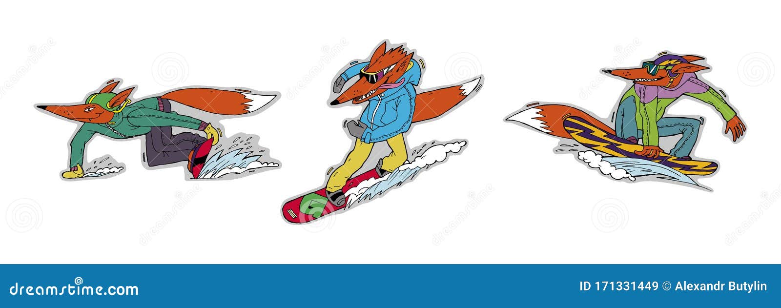 Three Fox Lovers of Winter Sports, Snowboarding. Colored Illustrations ...