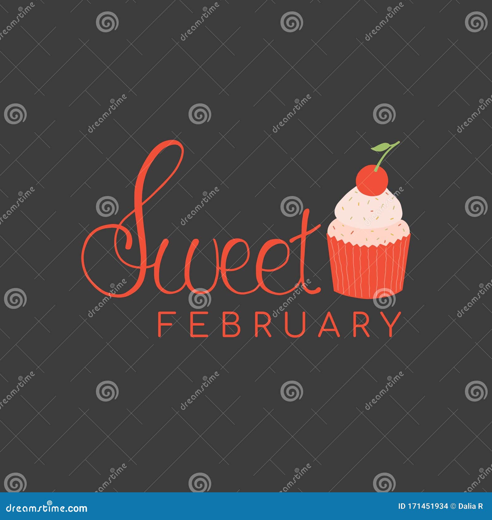 Sweet FEBRUARY Lettering with Hand-drawn Cupcake with Cherry on Top ...