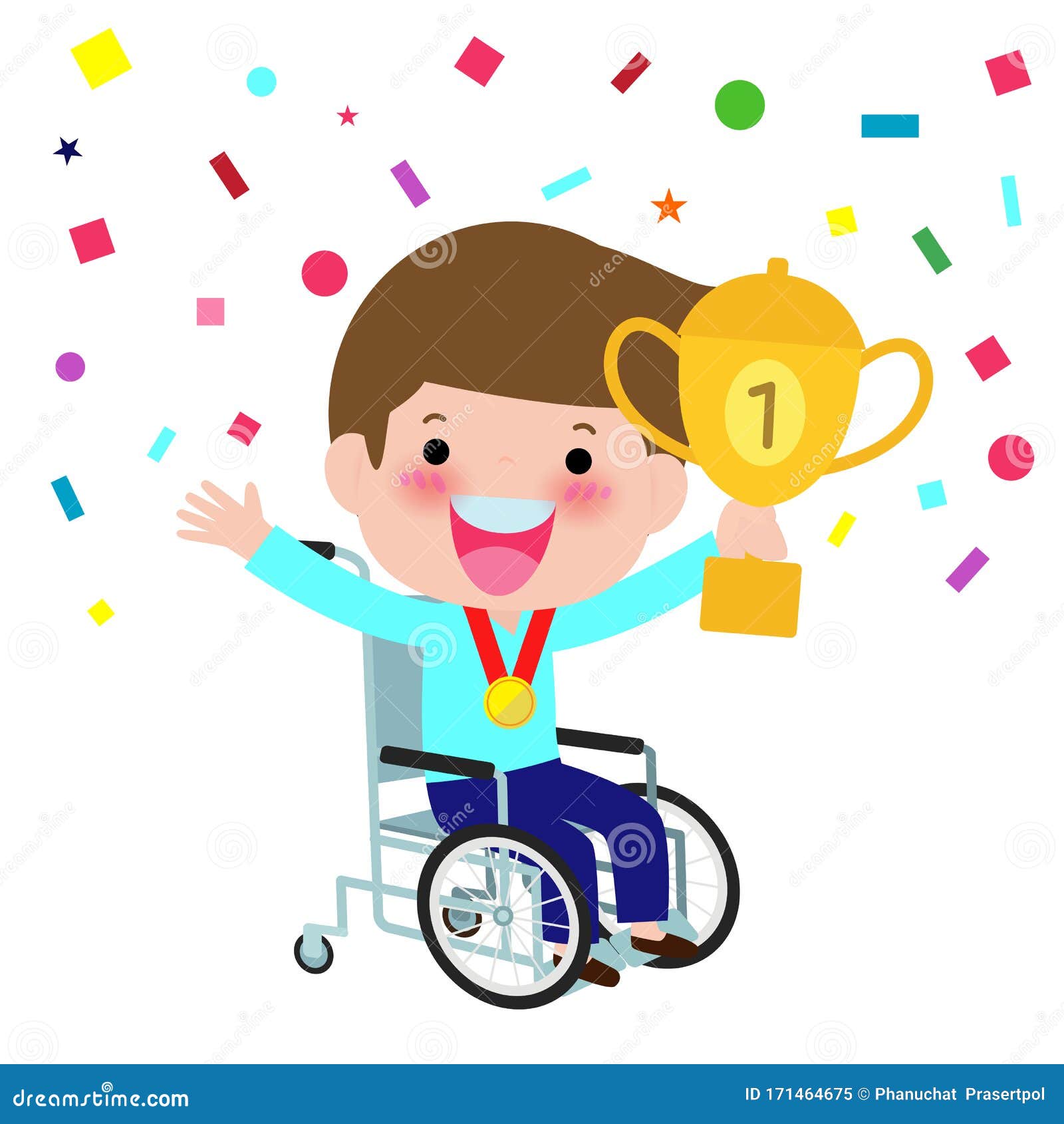 Handicapped Boy in a Wheelchair Holding Winner Cup and Smiling. Happy ...