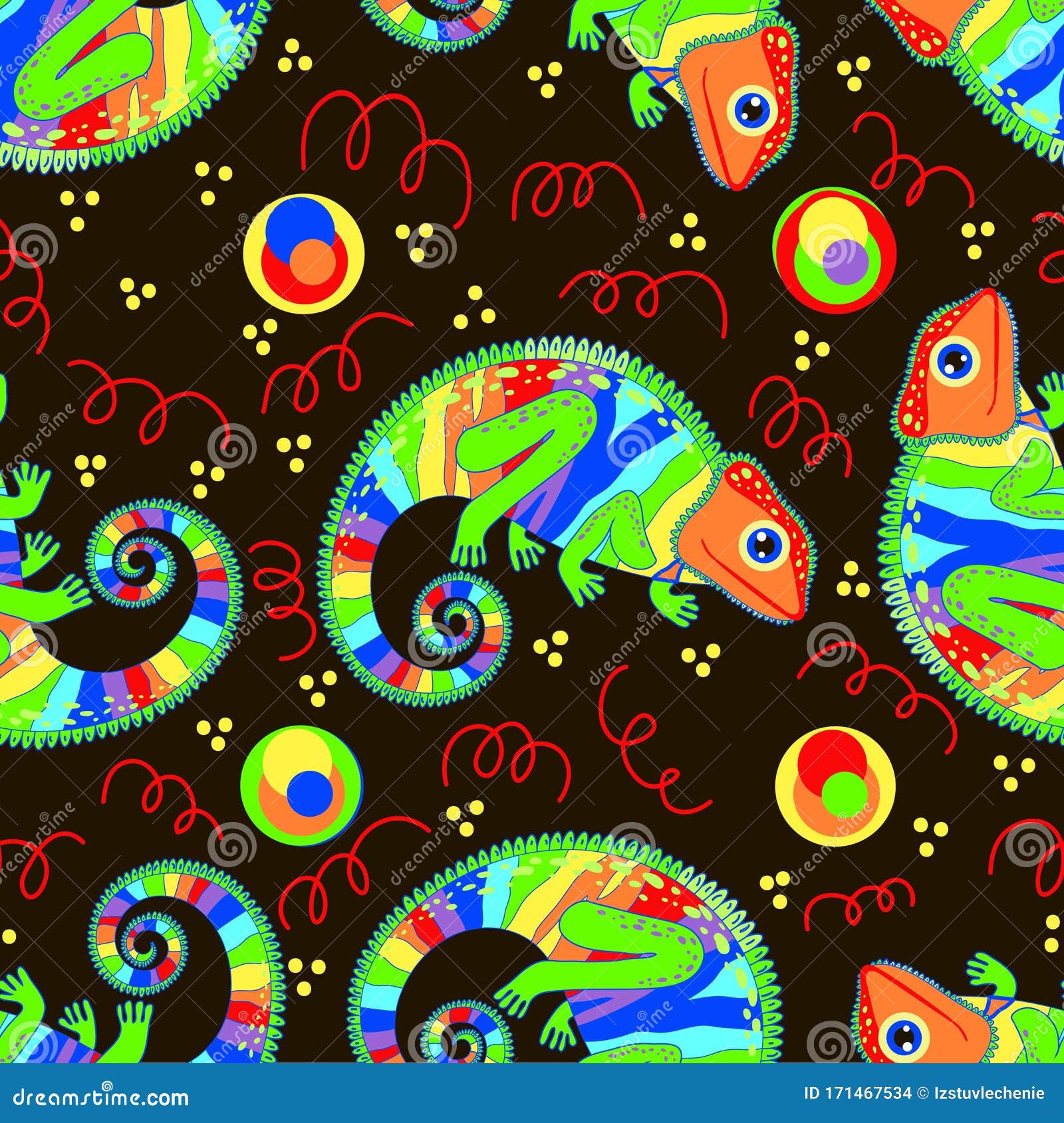 Print. Vector Graphics. Seamless Pattern. Rainbow Colored Chameleon on ...