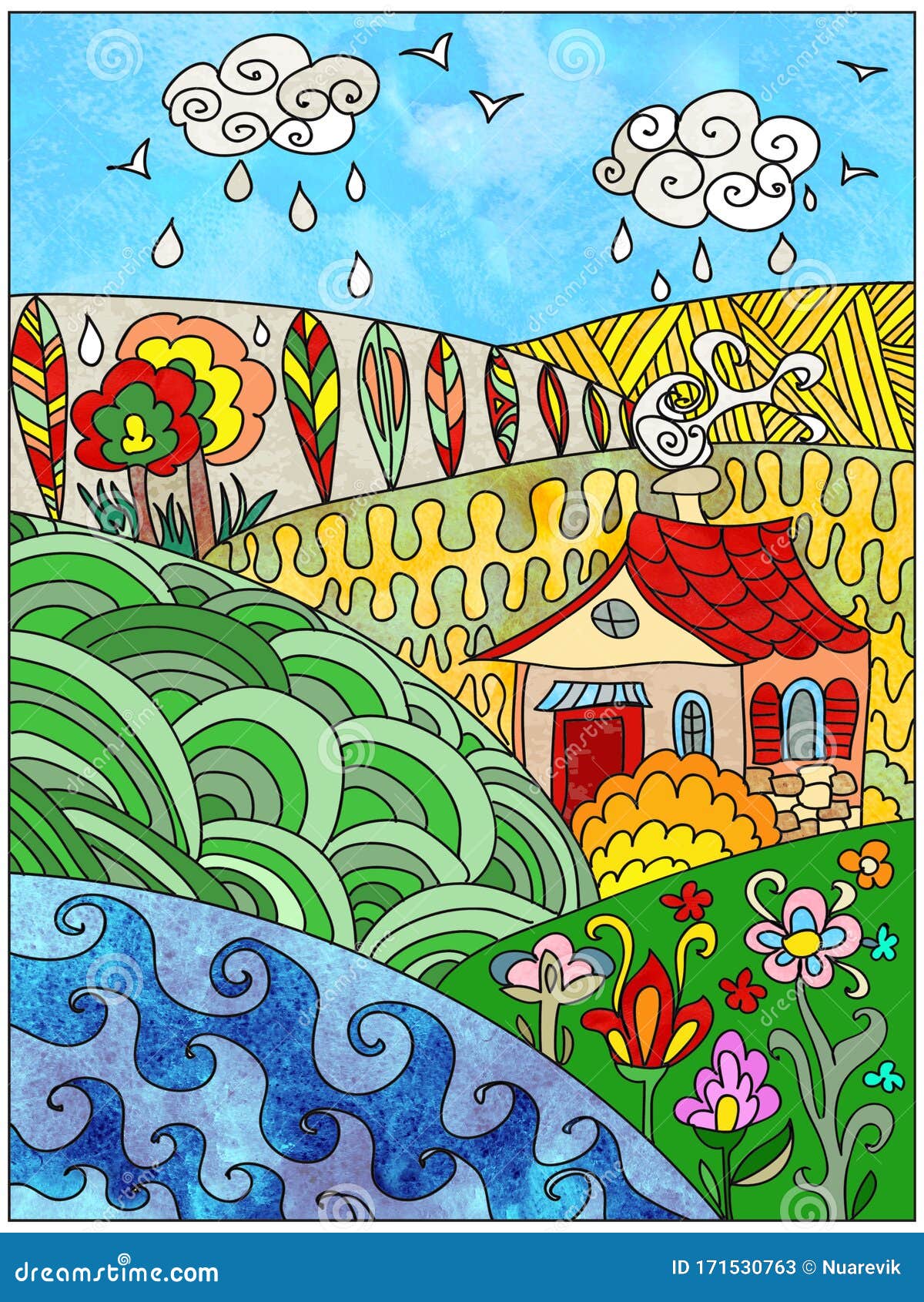 Watercolor Colorful Landscape Village Illustration with Nature Views ...