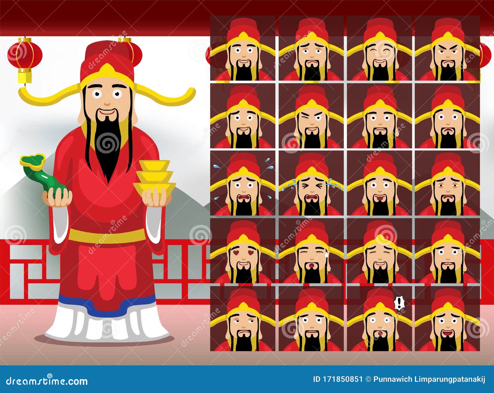 Chinese Gods Sanxing Lu Cartoon Emotion Faces Vector Illustration-01 ...