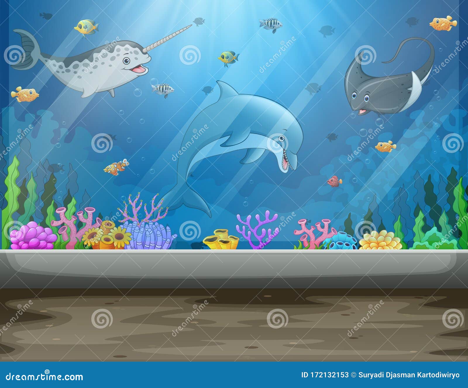 Museum Aquarium. Underwater Zoo Children With Parents Watching Big ...