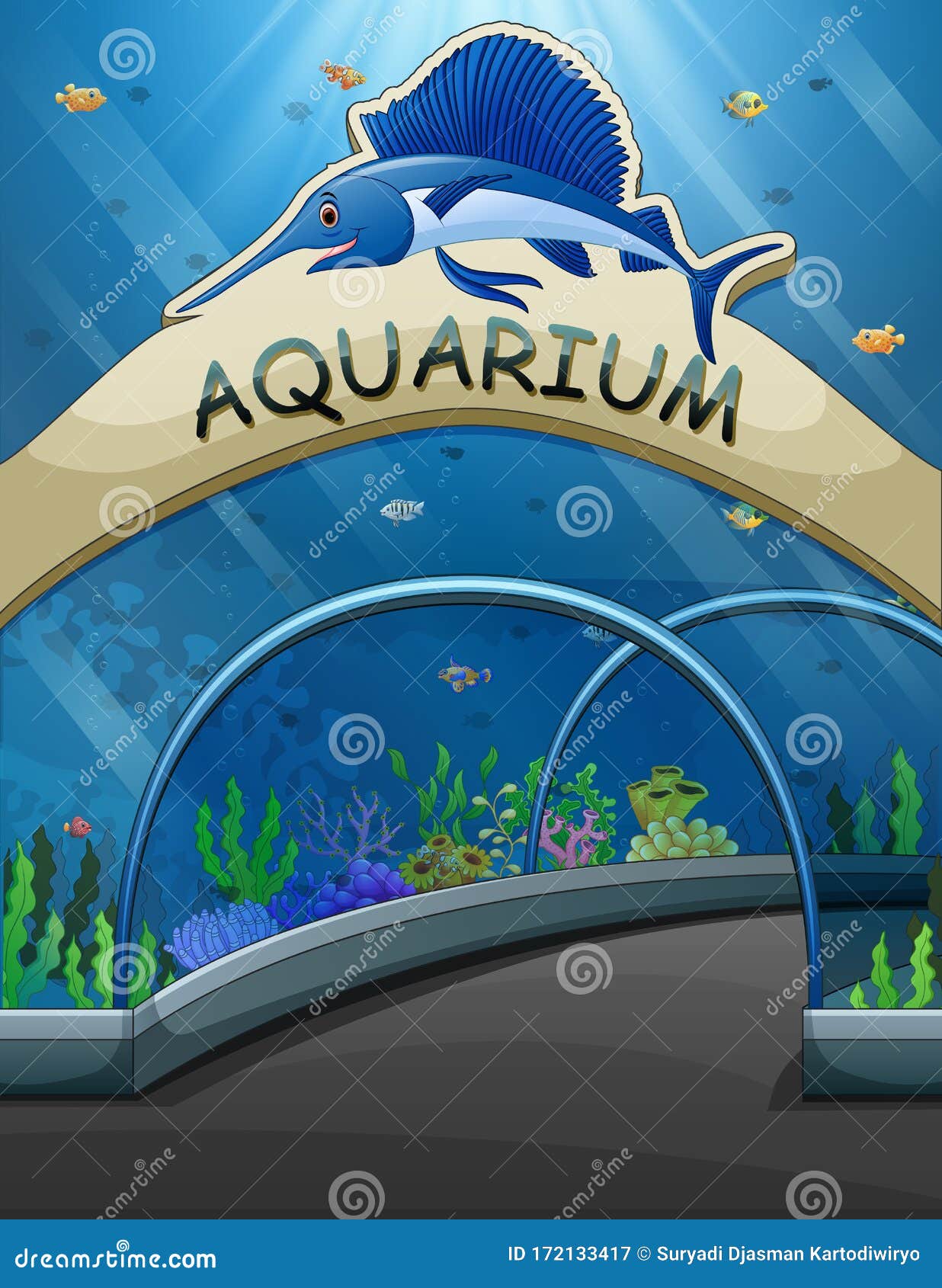 Museum Aquarium. Underwater Zoo Children With Parents Watching Big ...