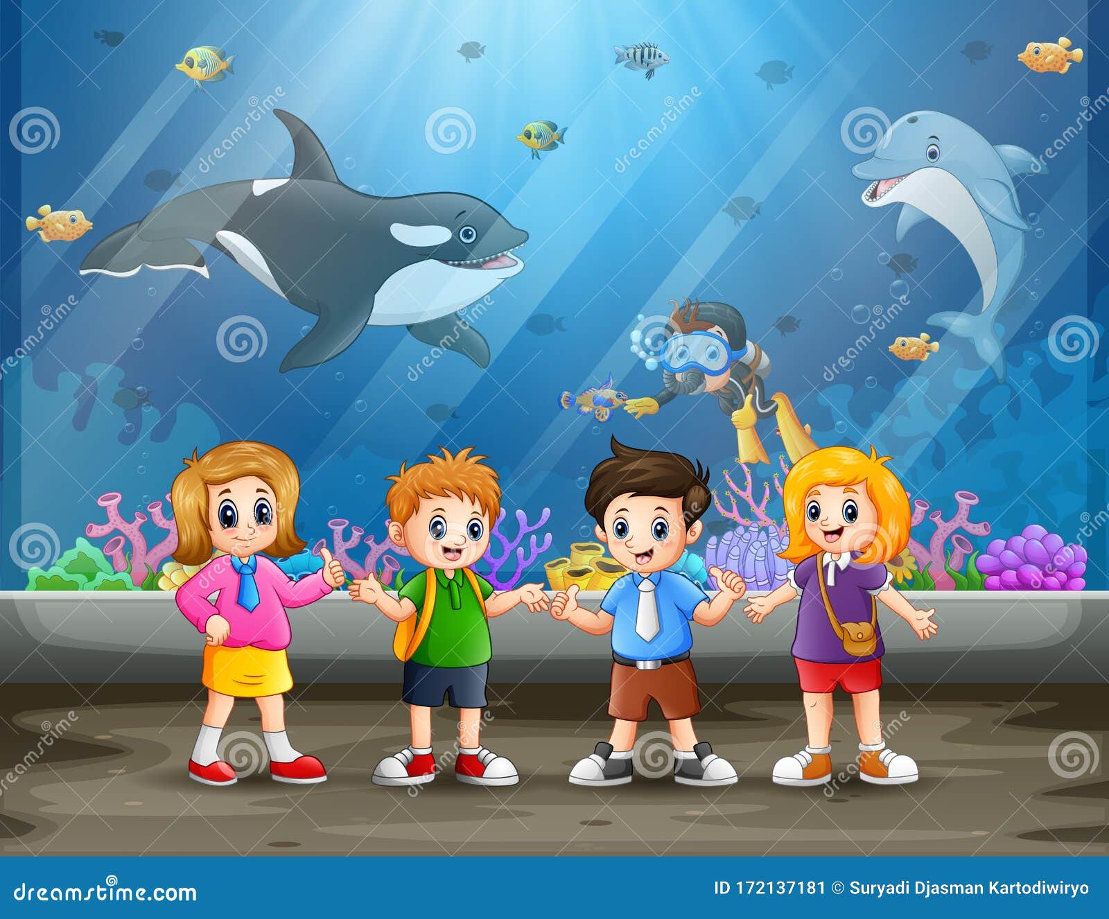 Funny School Children Looking at Fish in Aquarium Stock Vector ...