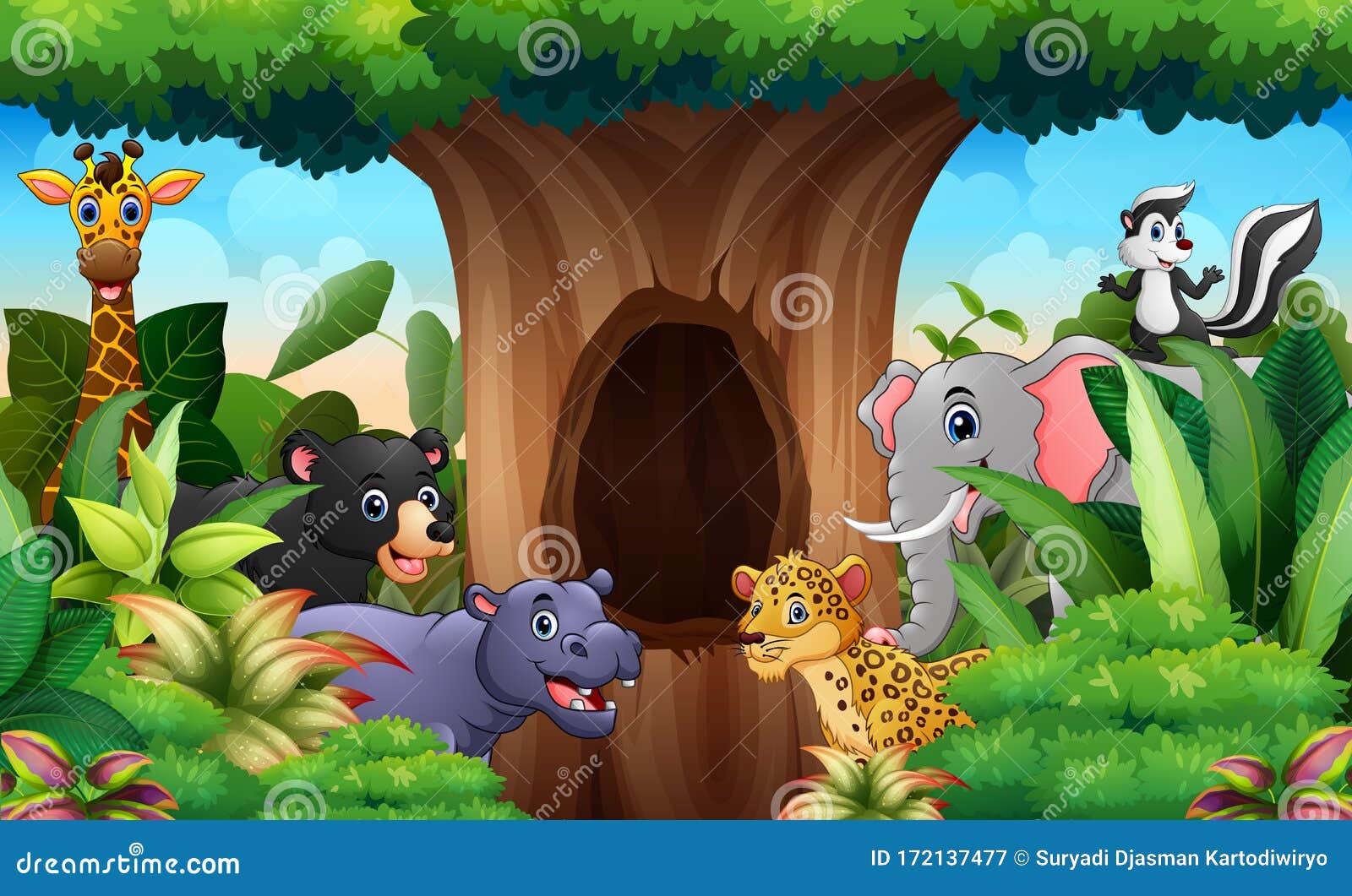Zoo Animals Under the Hollow Tree Landscape Stock Vector - Illustration ...