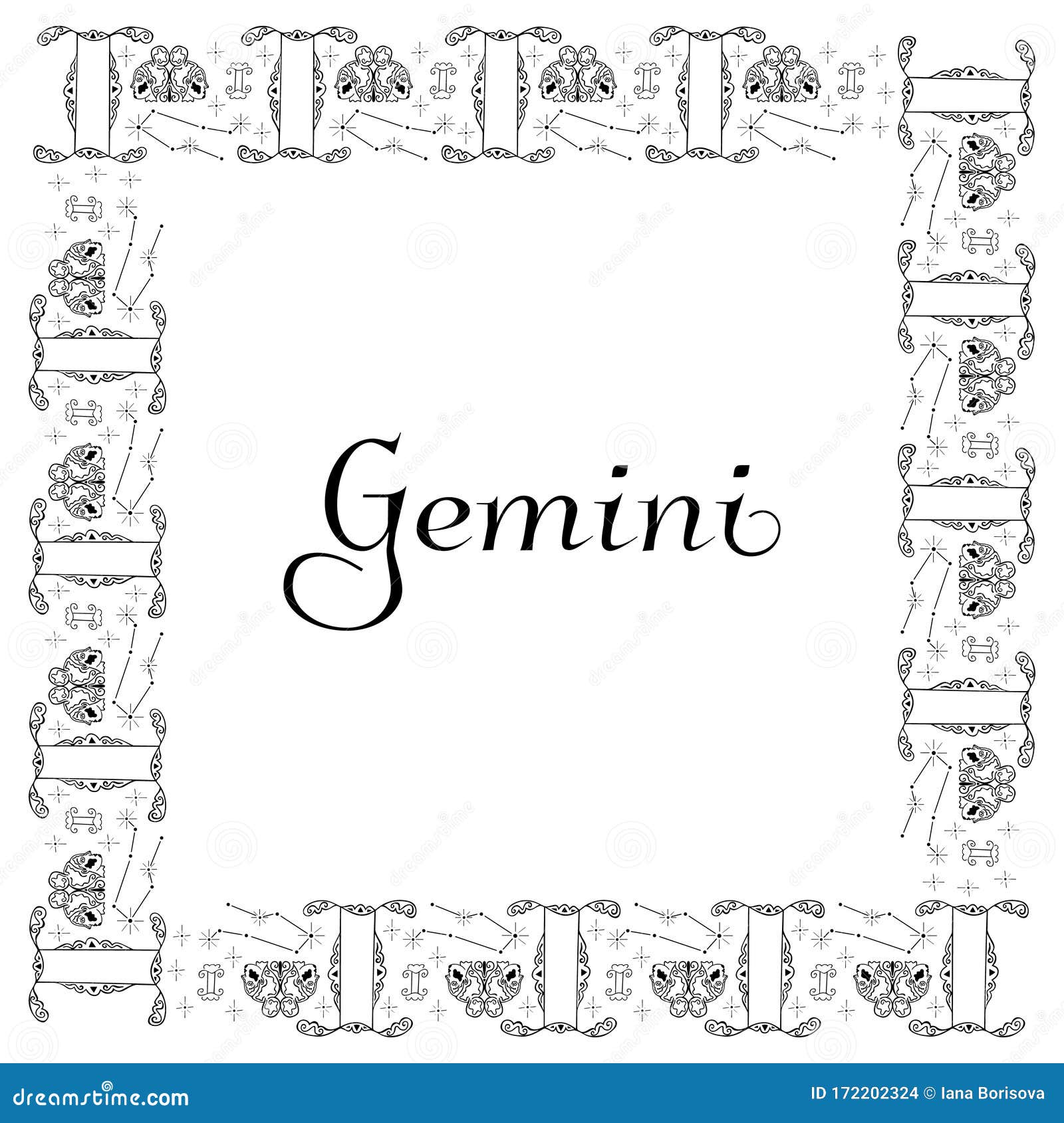 Square Template For The Zodiac Sign Gemini. Frame Of Black And White ...