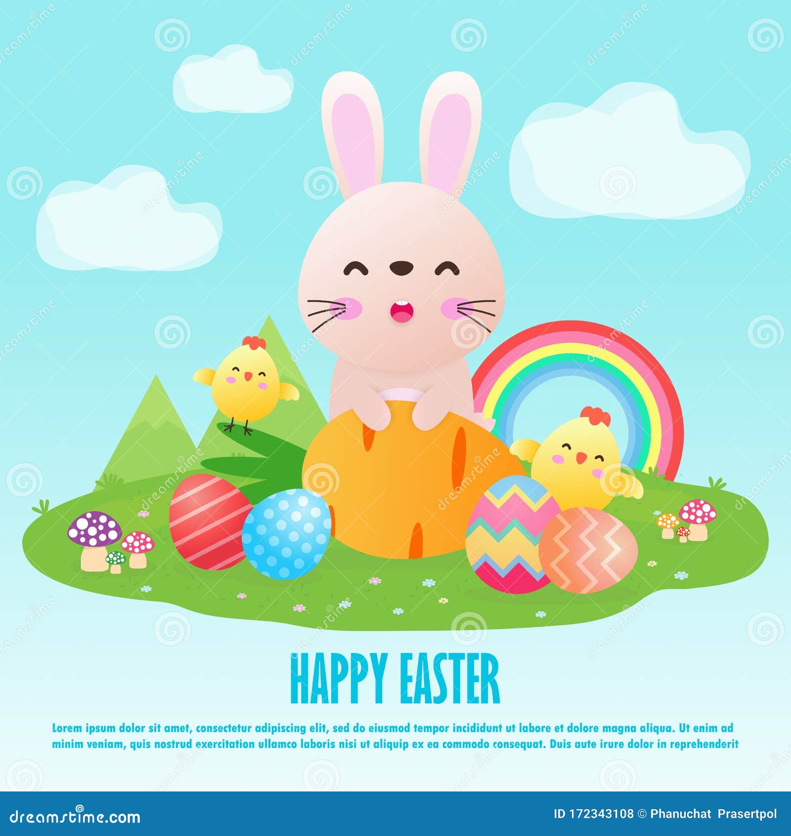 Happy Easter Day Poster. Rabbit Bunny and Cute Chicks Easter Egg ...