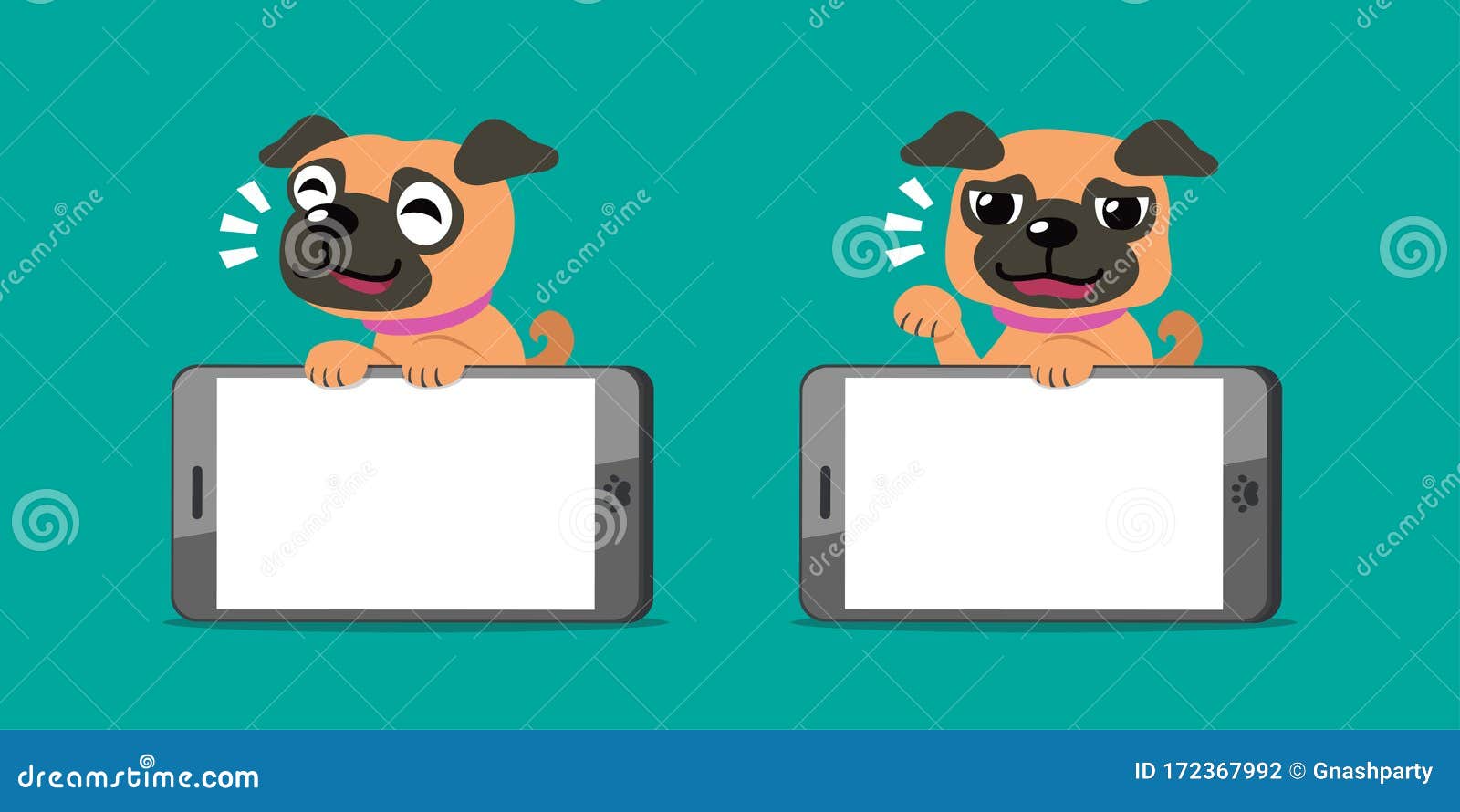 Cartoon Character Pug Dog and Smartphones Stock Vector - Illustration ...