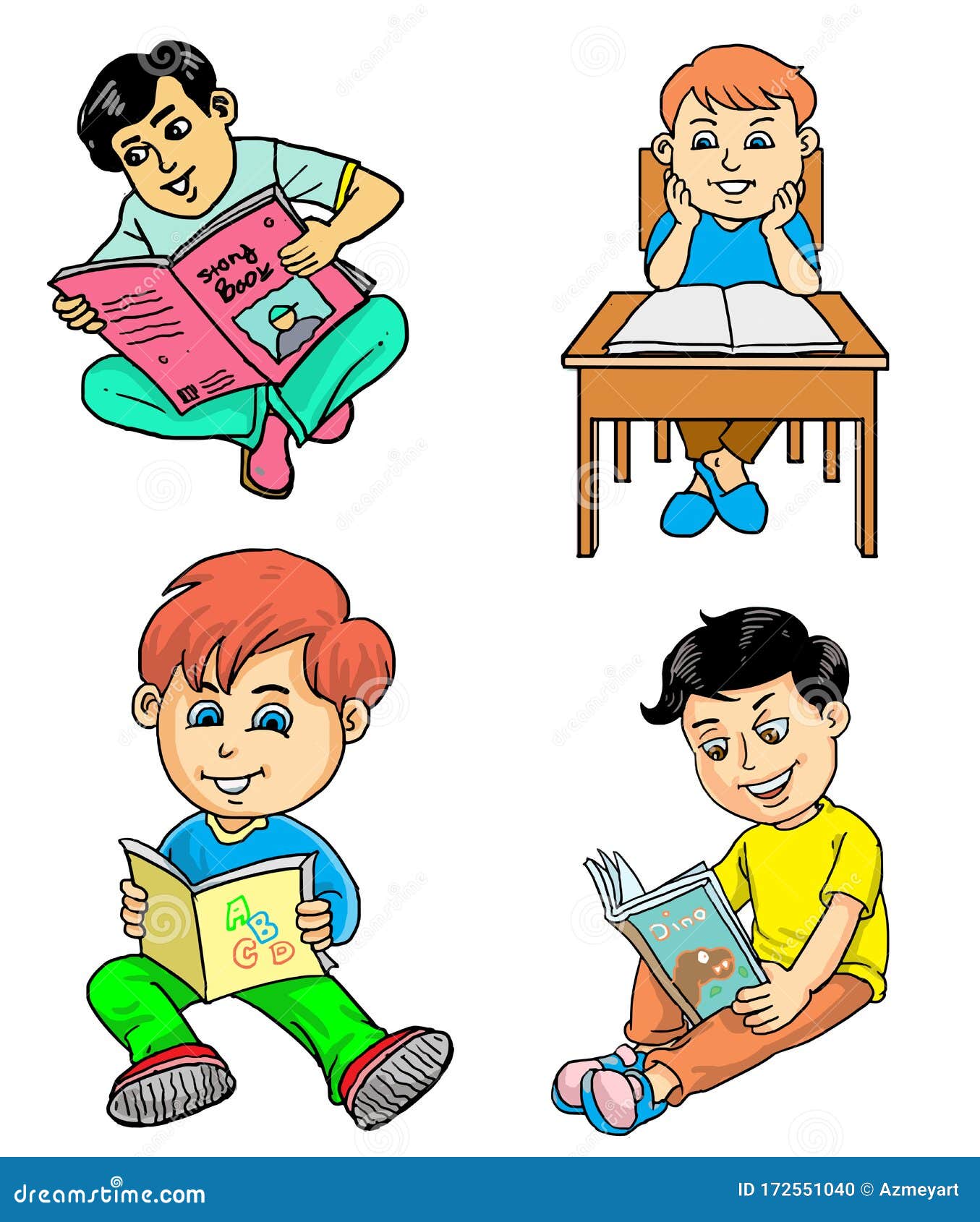 Four Character Cartoon Kids Reading Book Collection Stock Vector ...