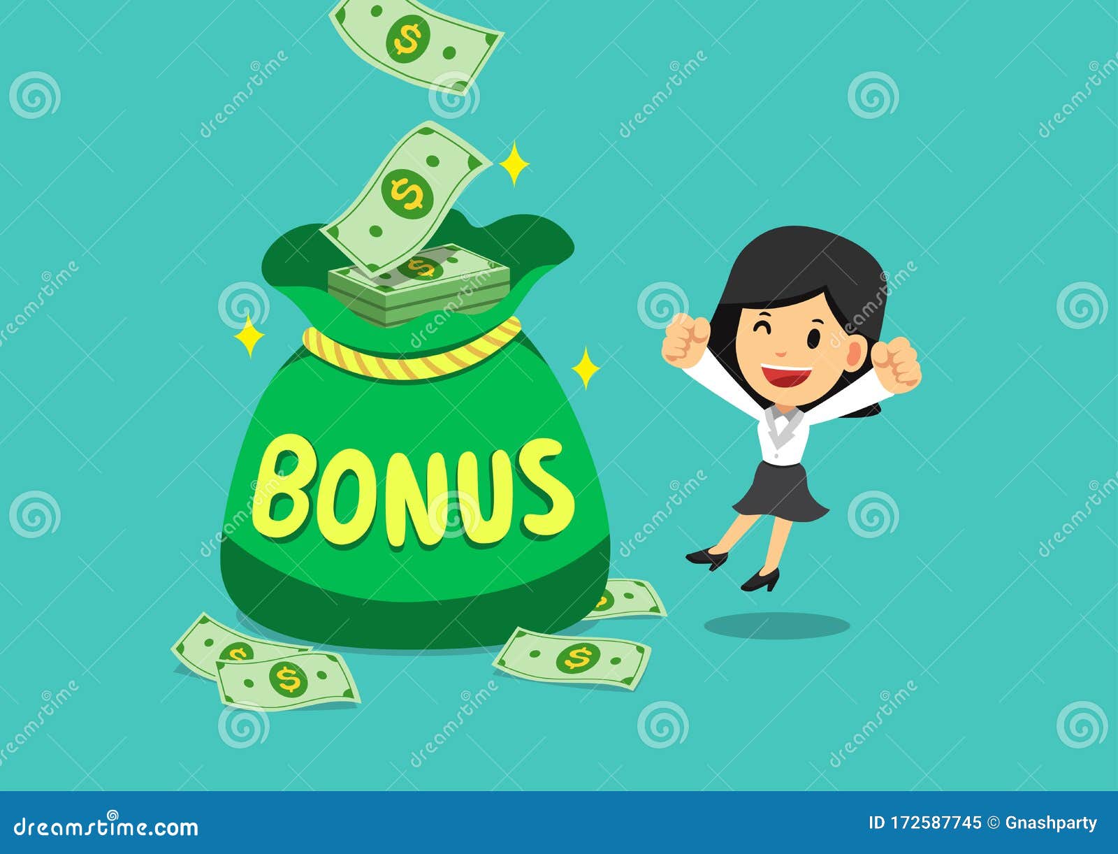Cartoon Happy Business Woman with Big Bonus Money Bag Stock Vector ...