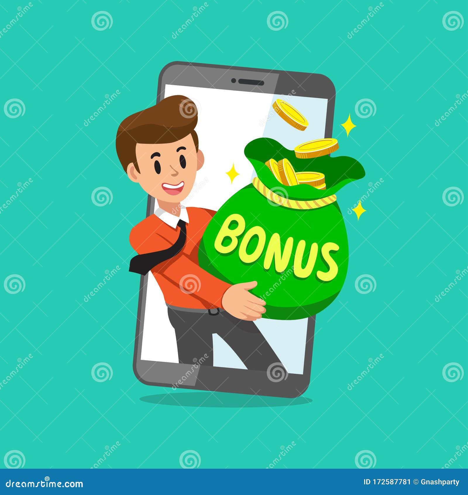 Cartoon Businessman with Big Bonus Money Bag on Smartphone Screen Stock ...