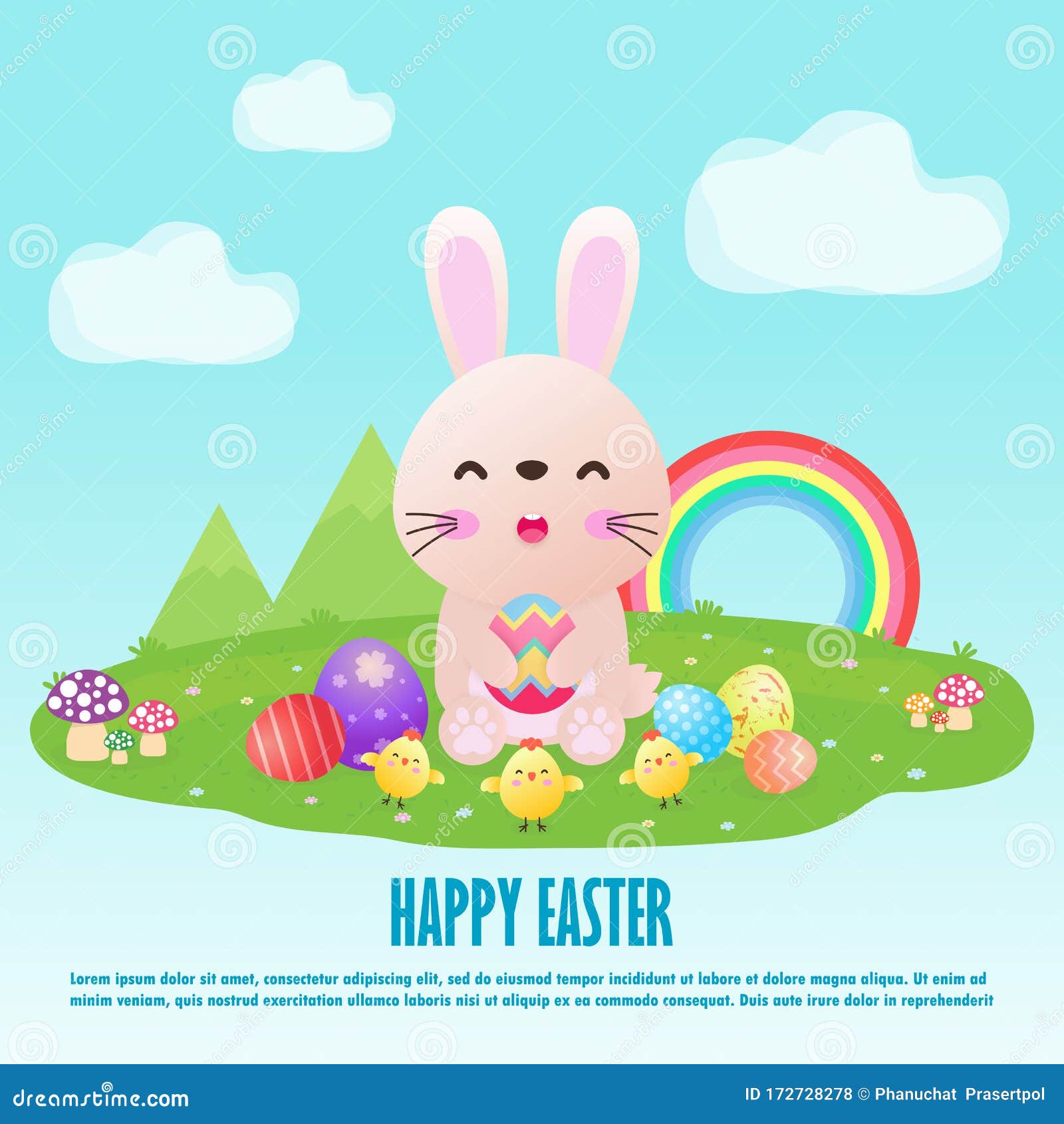 Happy Easter Day Poster. Rabbit Bunny and Cute Chicks Easter Egg ...