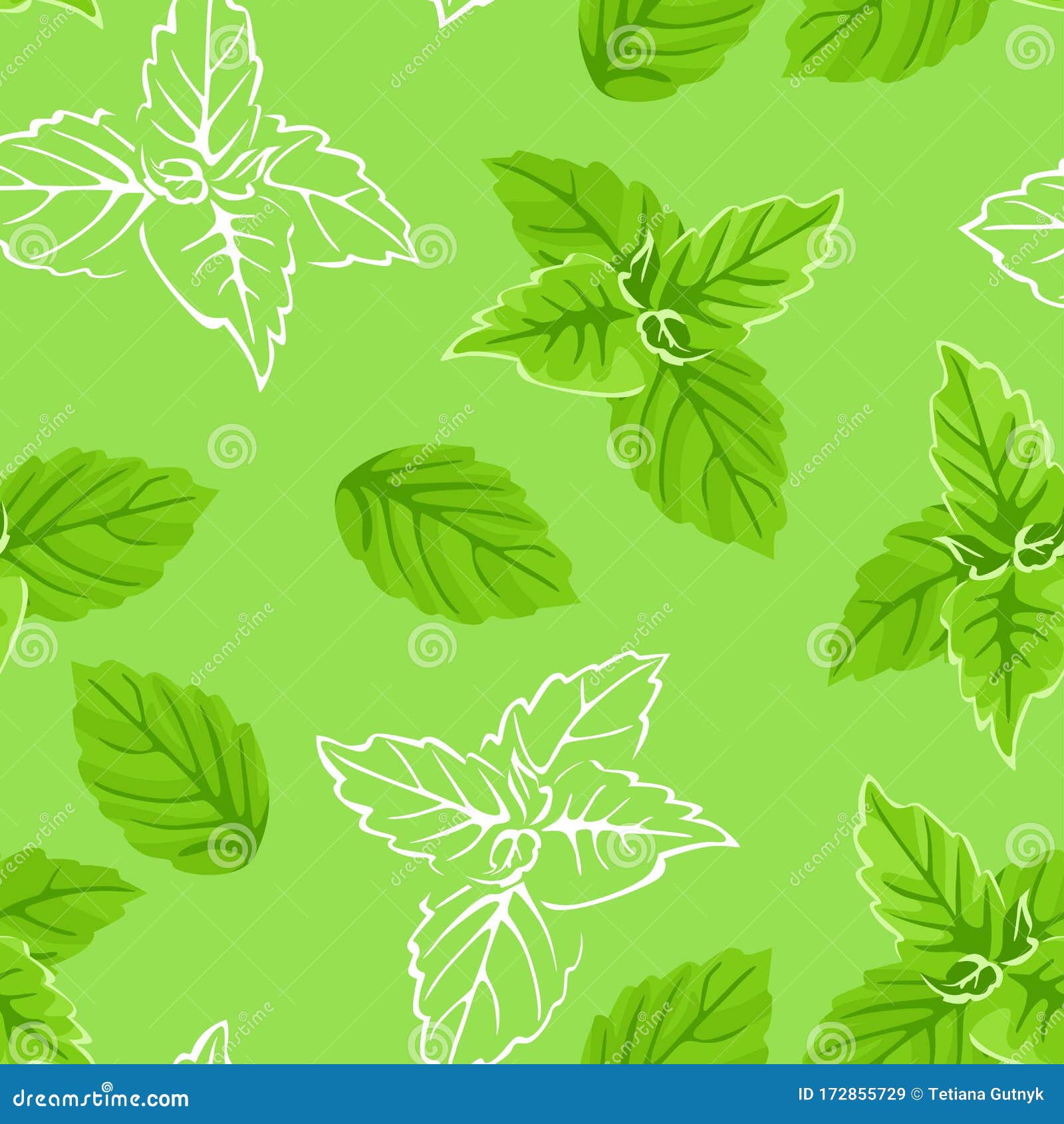 Basil Leaves Seamless Pattern. Vector Cartoon Color Illustration of ...