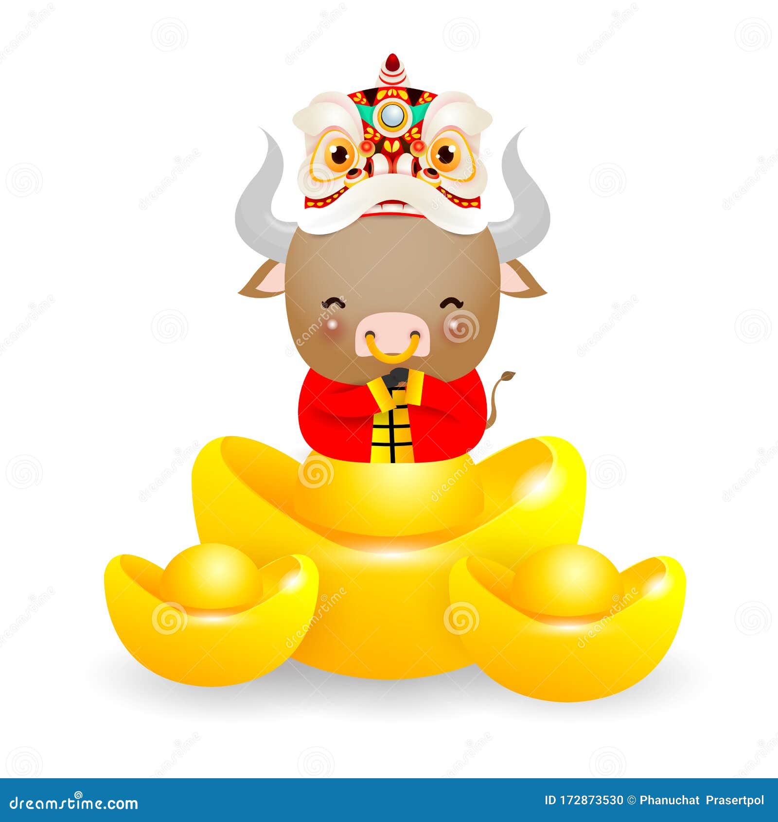 Happy Chinese New Year 2021, Little Ox with Lion Dance Head Holding ...