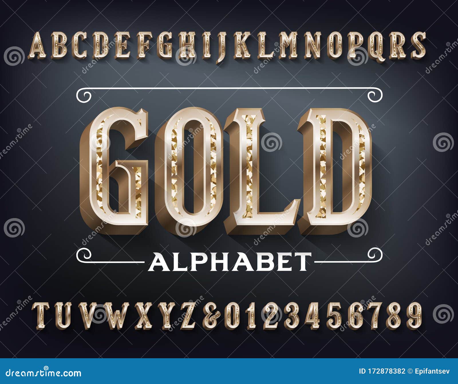 Gold Alphabet Font. 3d Ornate Golden Metal Letters and Numbers Stock ...