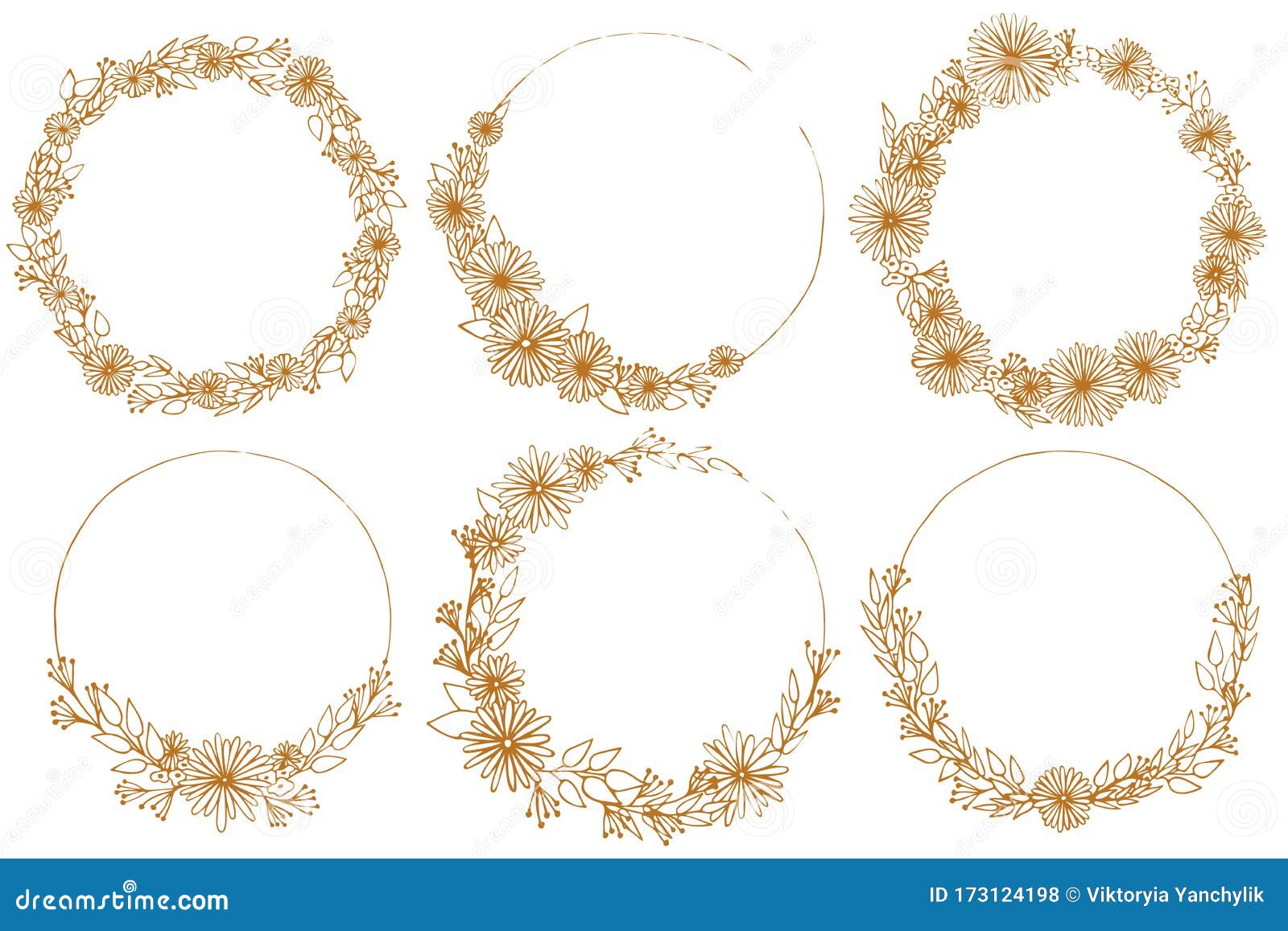 Six Floral Frames. Set of Hand Drawn Vector Illustration. Circle of ...