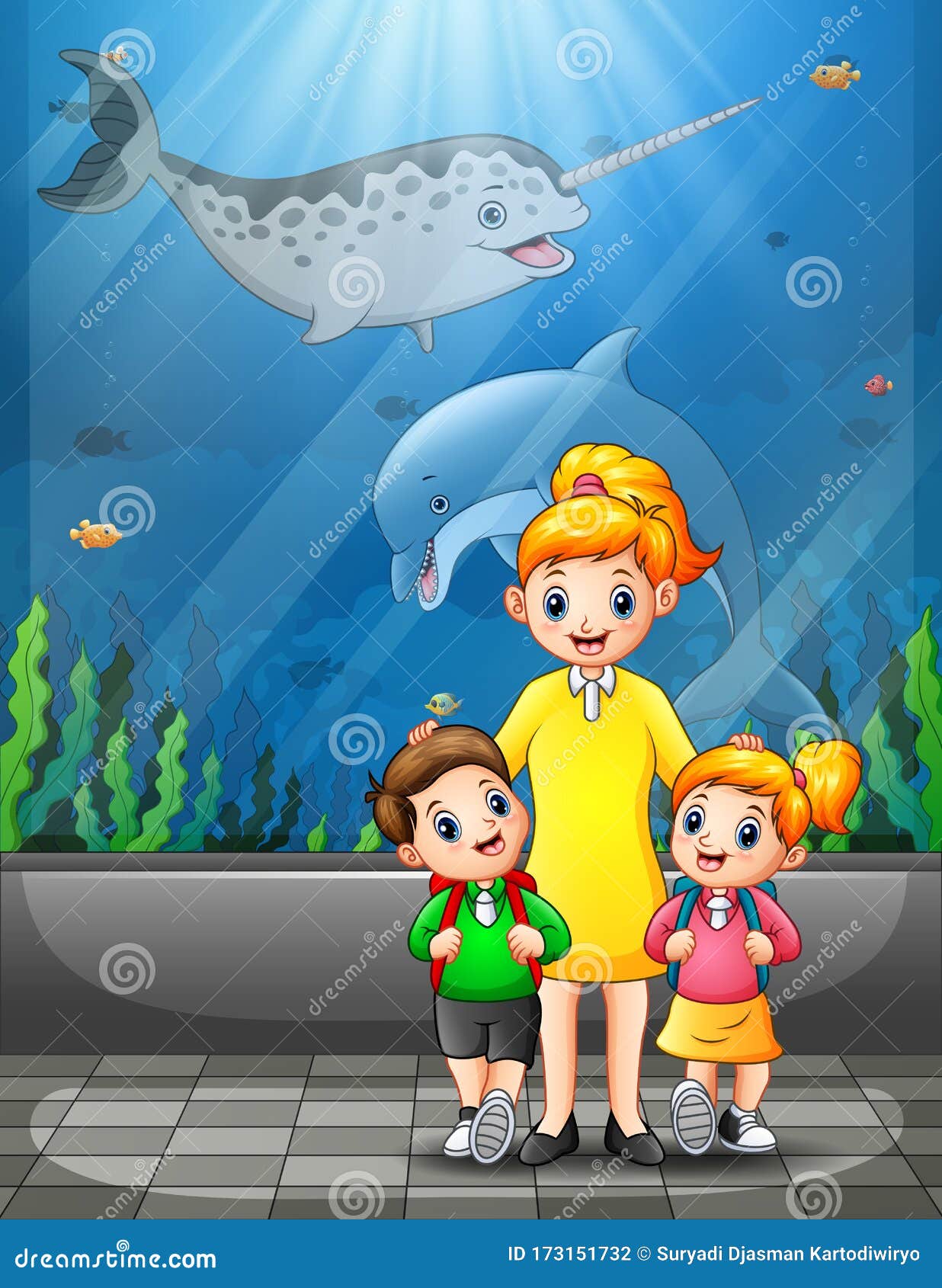 Happy Kids Visiting an Aquarium Excursion with Mother Stock Vector ...