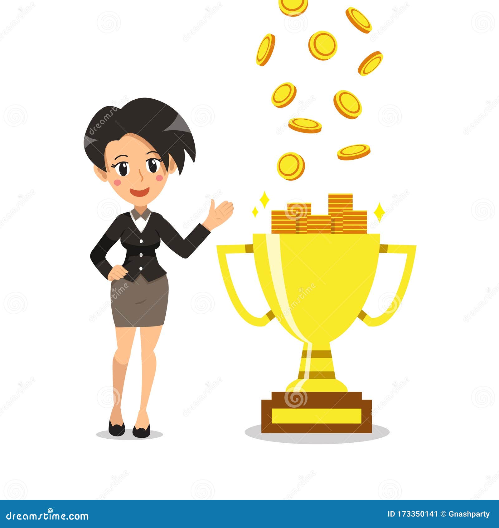 Cartoon Businesswoman Earning Money with Trophy Stock Vector ...