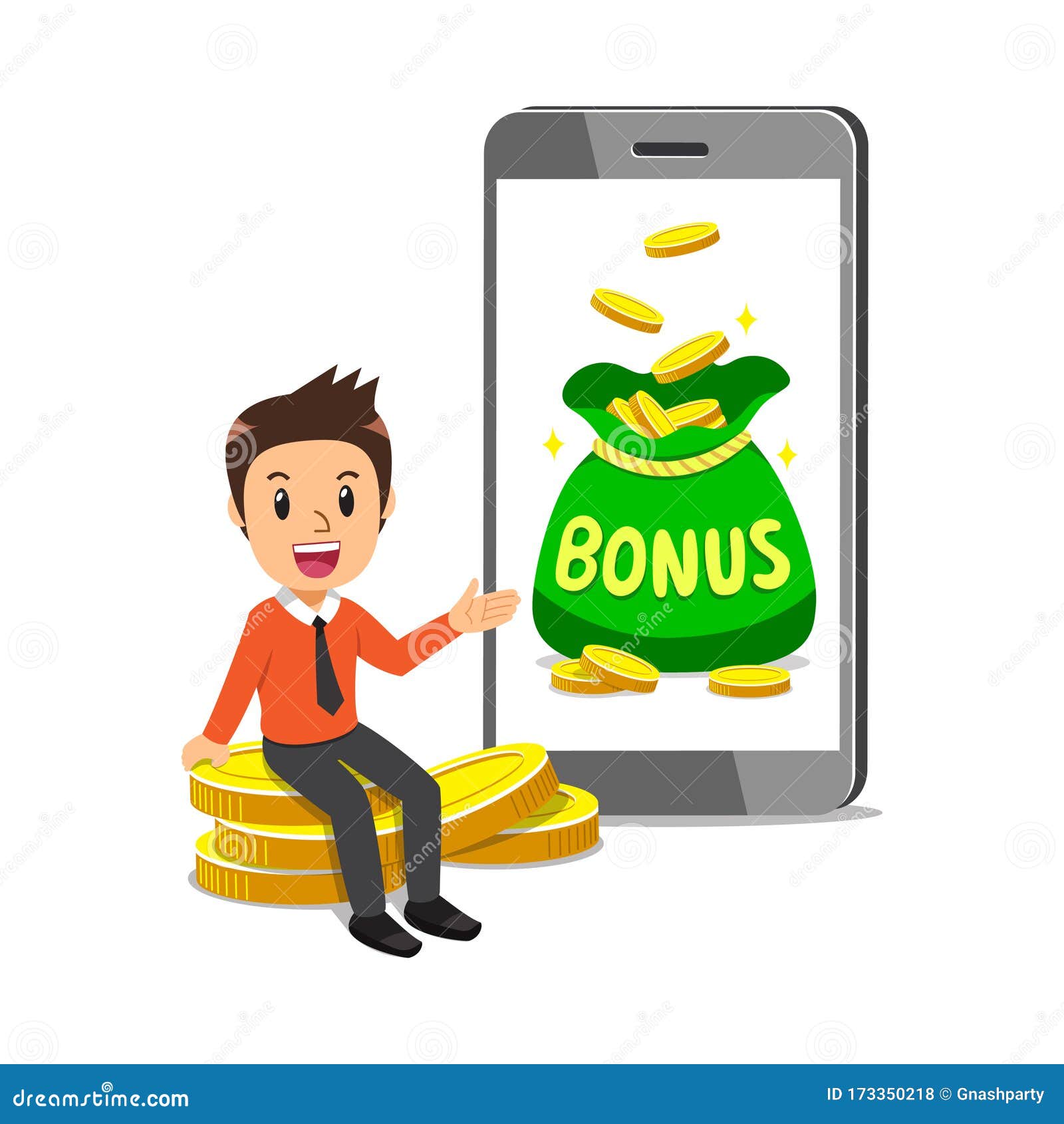 Cartoon Businessman with Big Bonus Money Bag on Smartphone Screen Stock ...