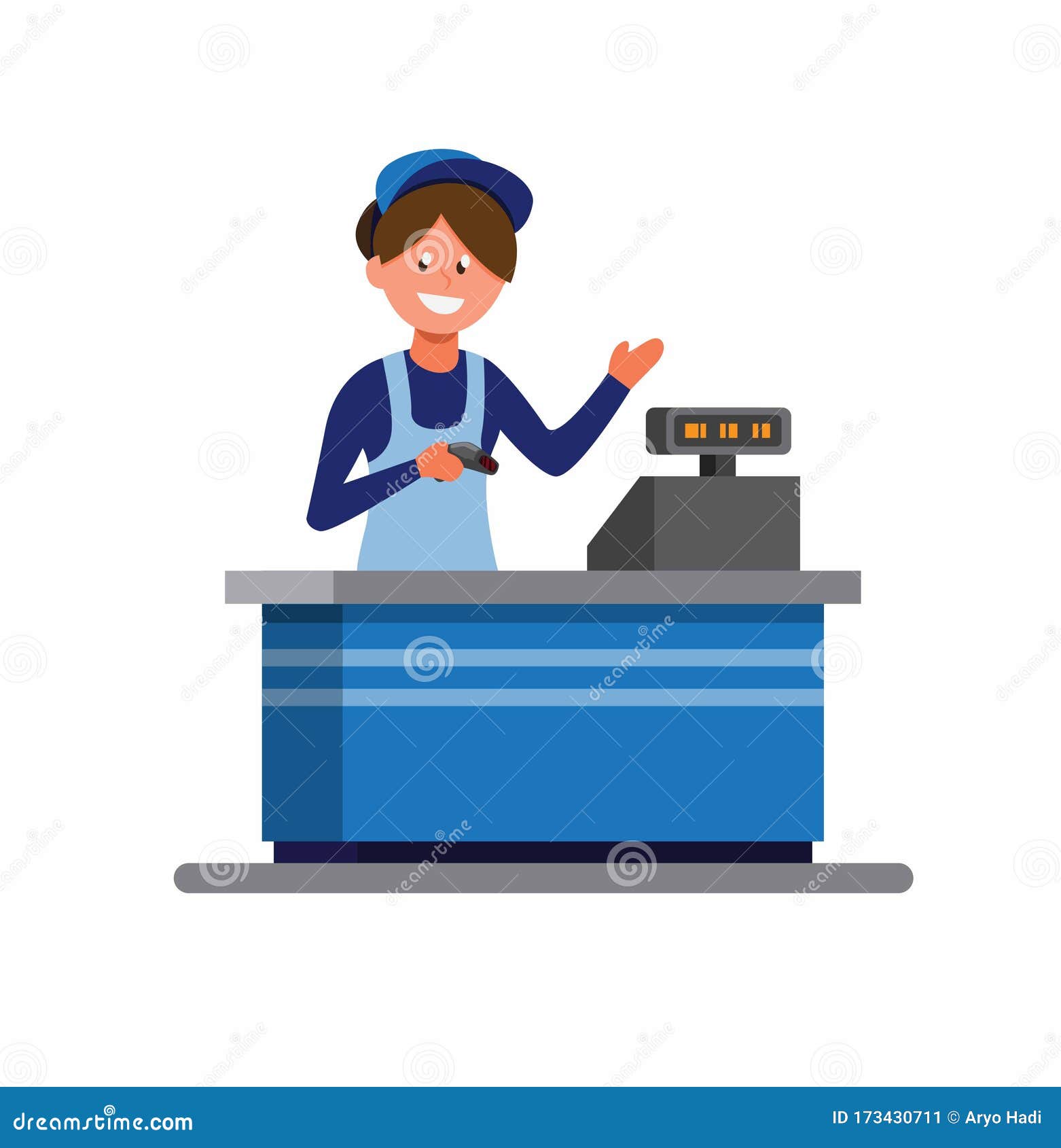 Groceries Woman Cashier in Uniform and Apron Stands Behind Cash Desk ...