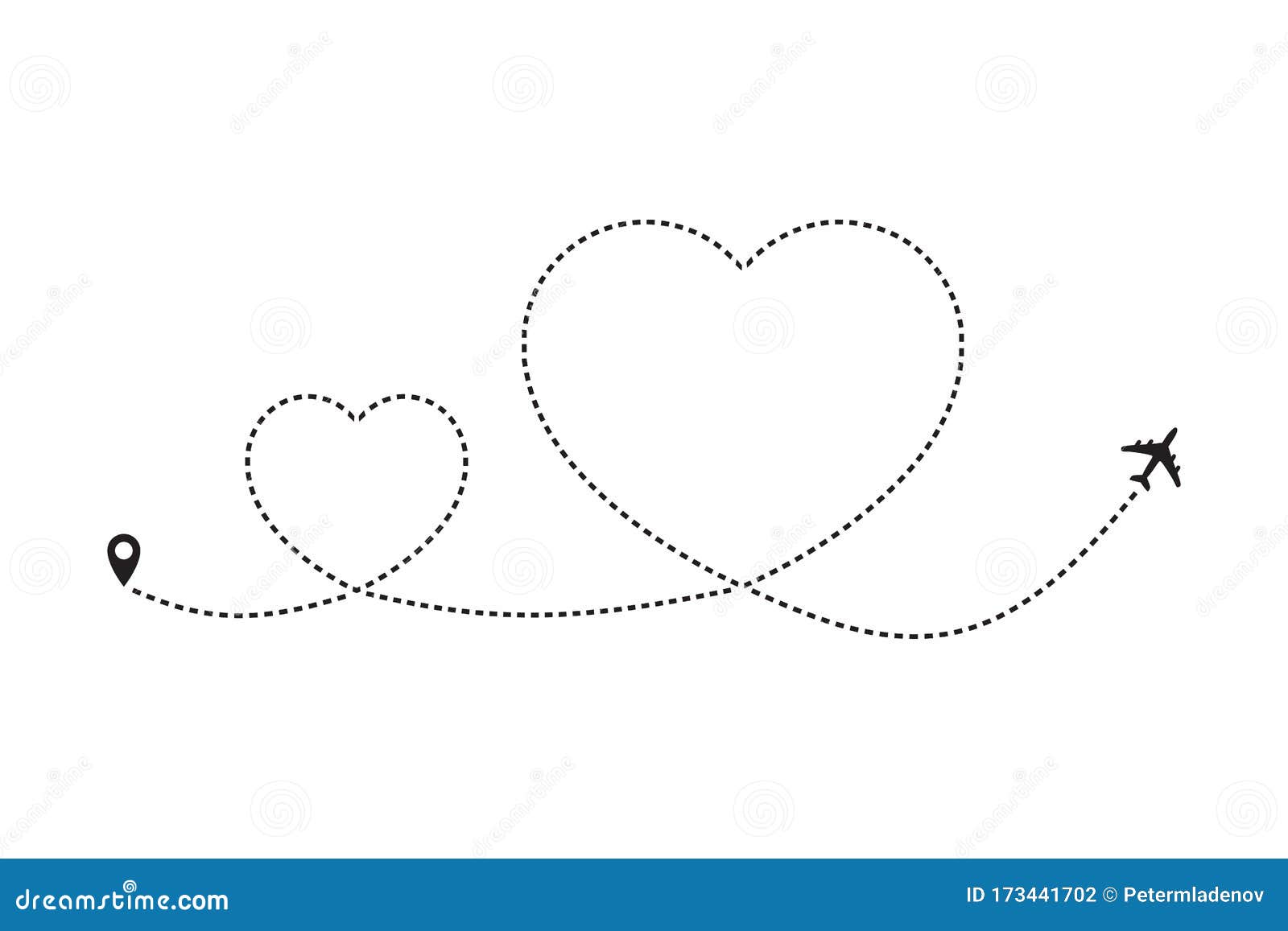 Airplane Heart Dotted Line Path of Air Plane Flight Route with Start ...