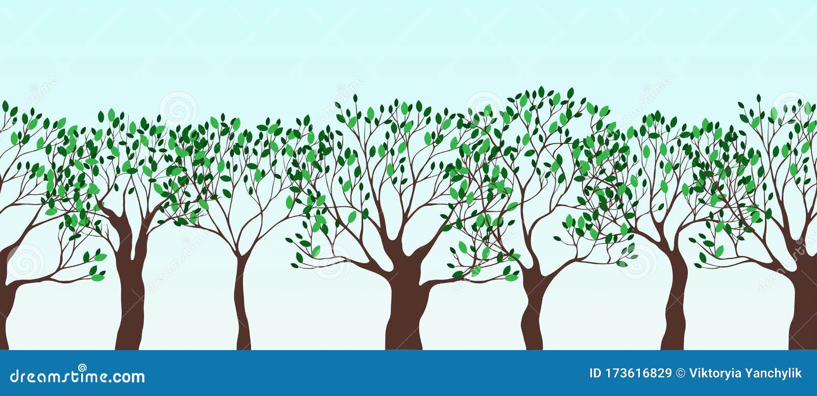 Spring Green Trees and Blue Sky. Seamless Vector Border. Gerden Stock ...