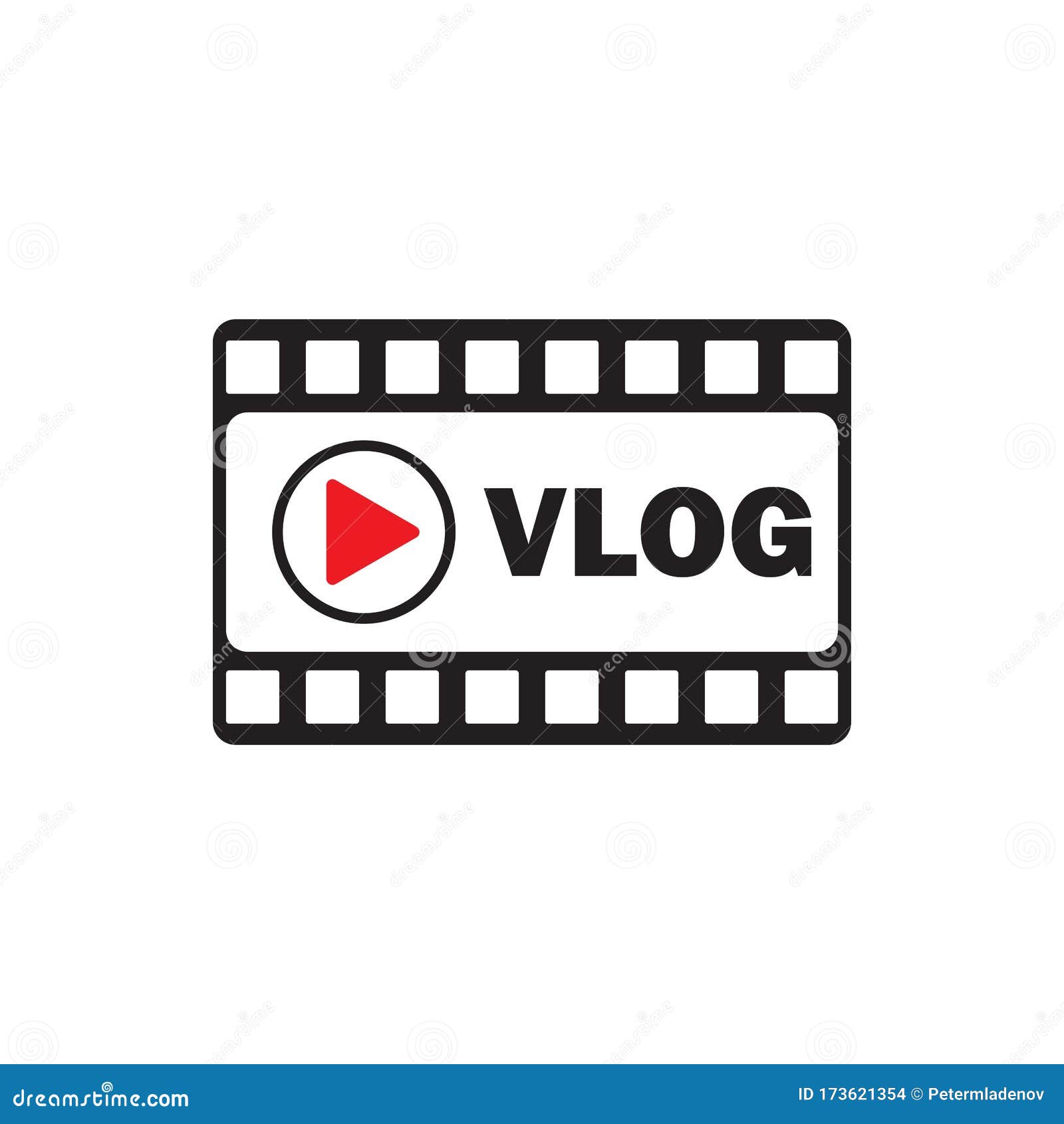 Vlog Icon with Play Button and Movie Strip. Vector Symbol on White ...