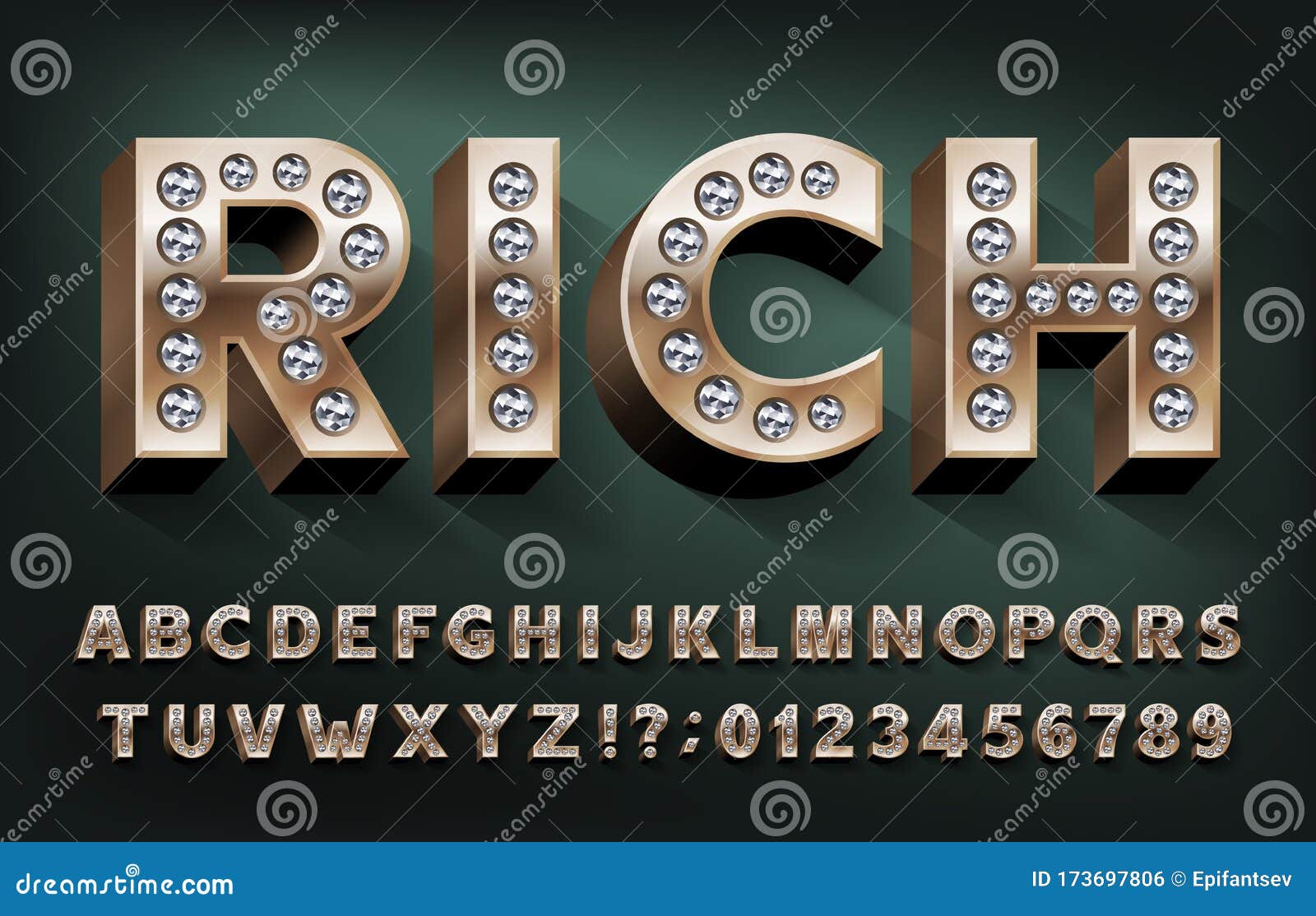Rich Alphabet Font. 3d Gold Metal Letters and Numbers with Diamonds ...