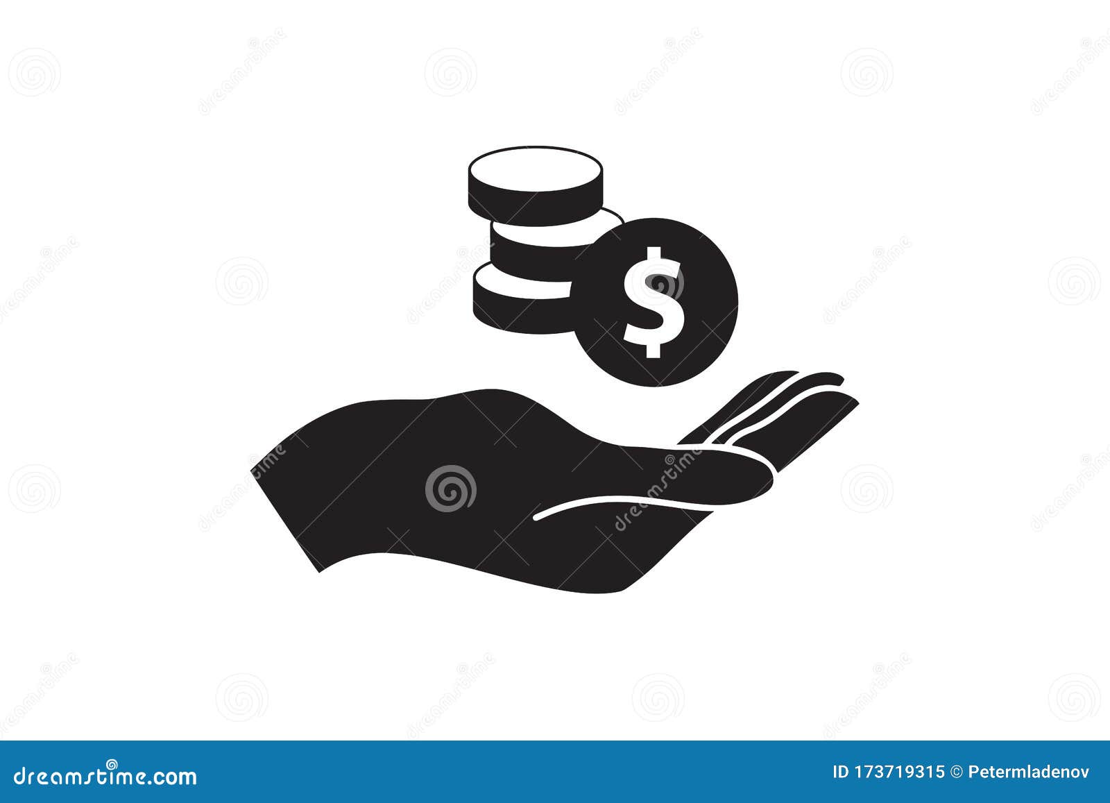 Icon of Hand Holding Cash with Dollar Sign in Stacks of Coins. Concept ...