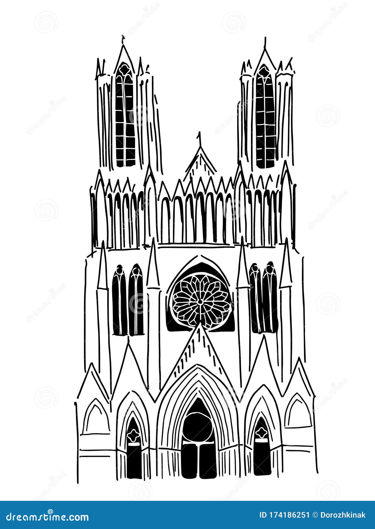 Gothic Church with Two Towers and Rosette Stock Vector - Illustration ...