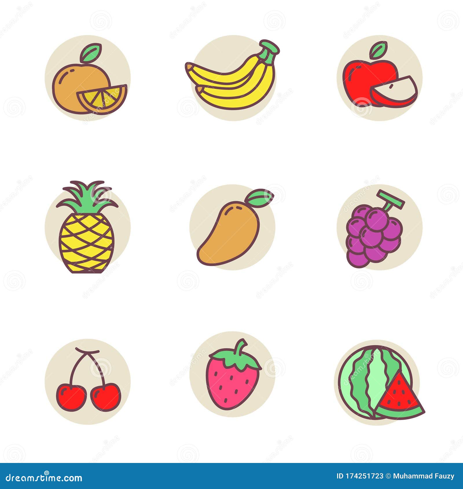 Set of Fruits Icon in Linear Color Style Stock Vector - Illustration of ...