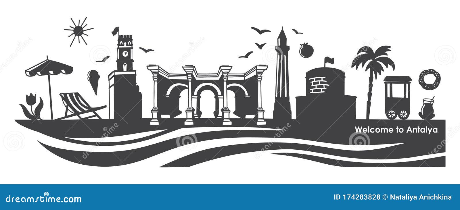 Vector Illustration Welcome To Antalya. Horizontal Banner with Famous ...