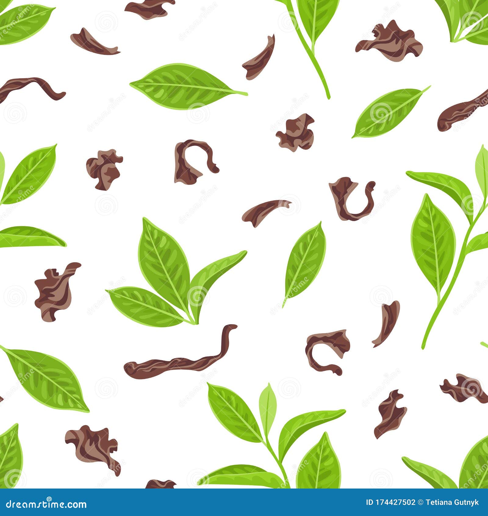 Black Tea Seamless Pattern. Green Tea Leaf and Dry Isolated on White ...
