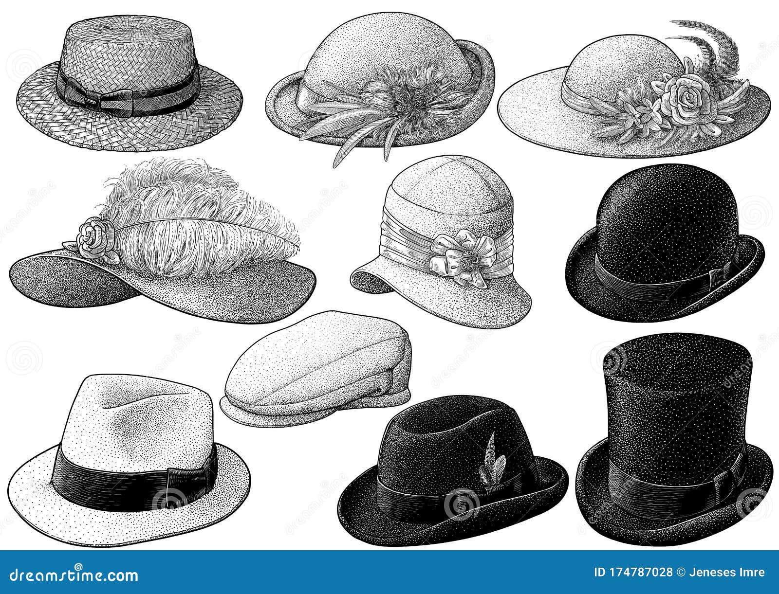 Vintage Hat Collection Illustration, Drawing, Engraving, Ink, Line Art ...