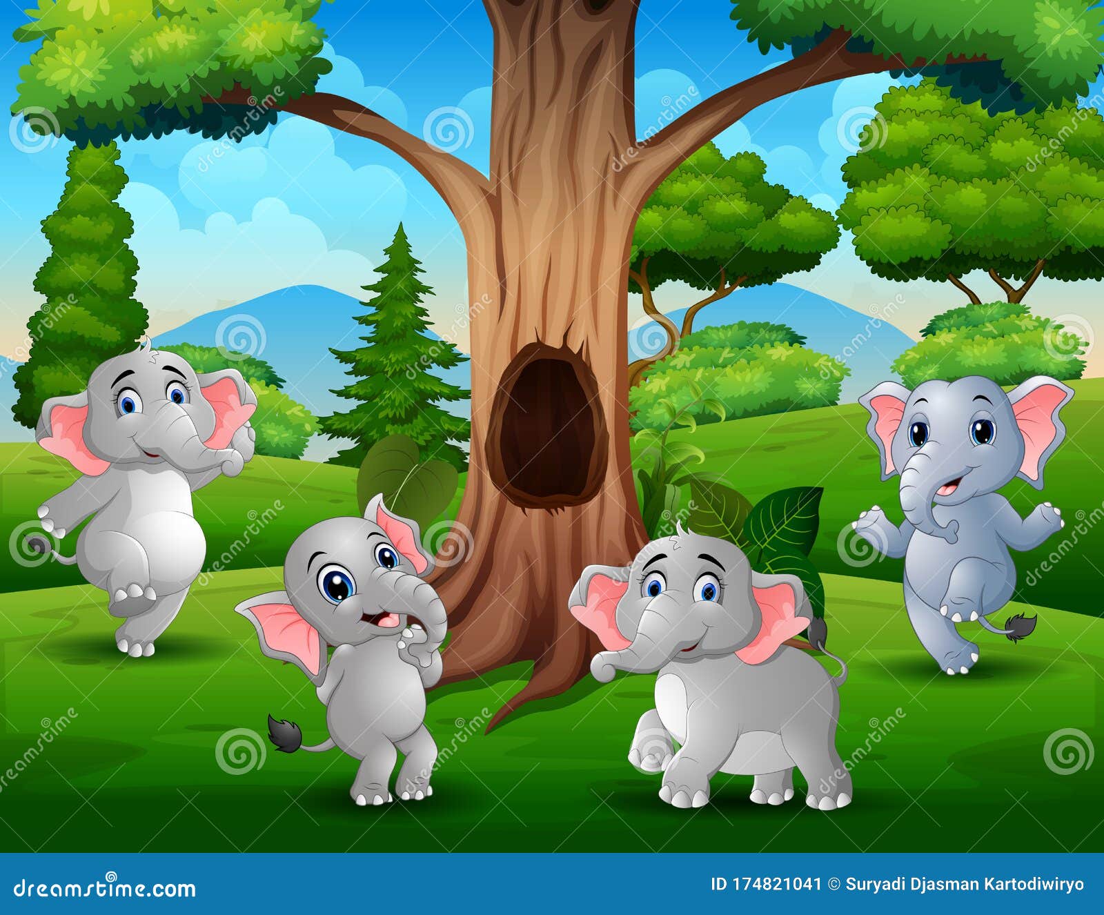 A Group of Elephant Playing Under the Hollow Tree Landscape Stock ...