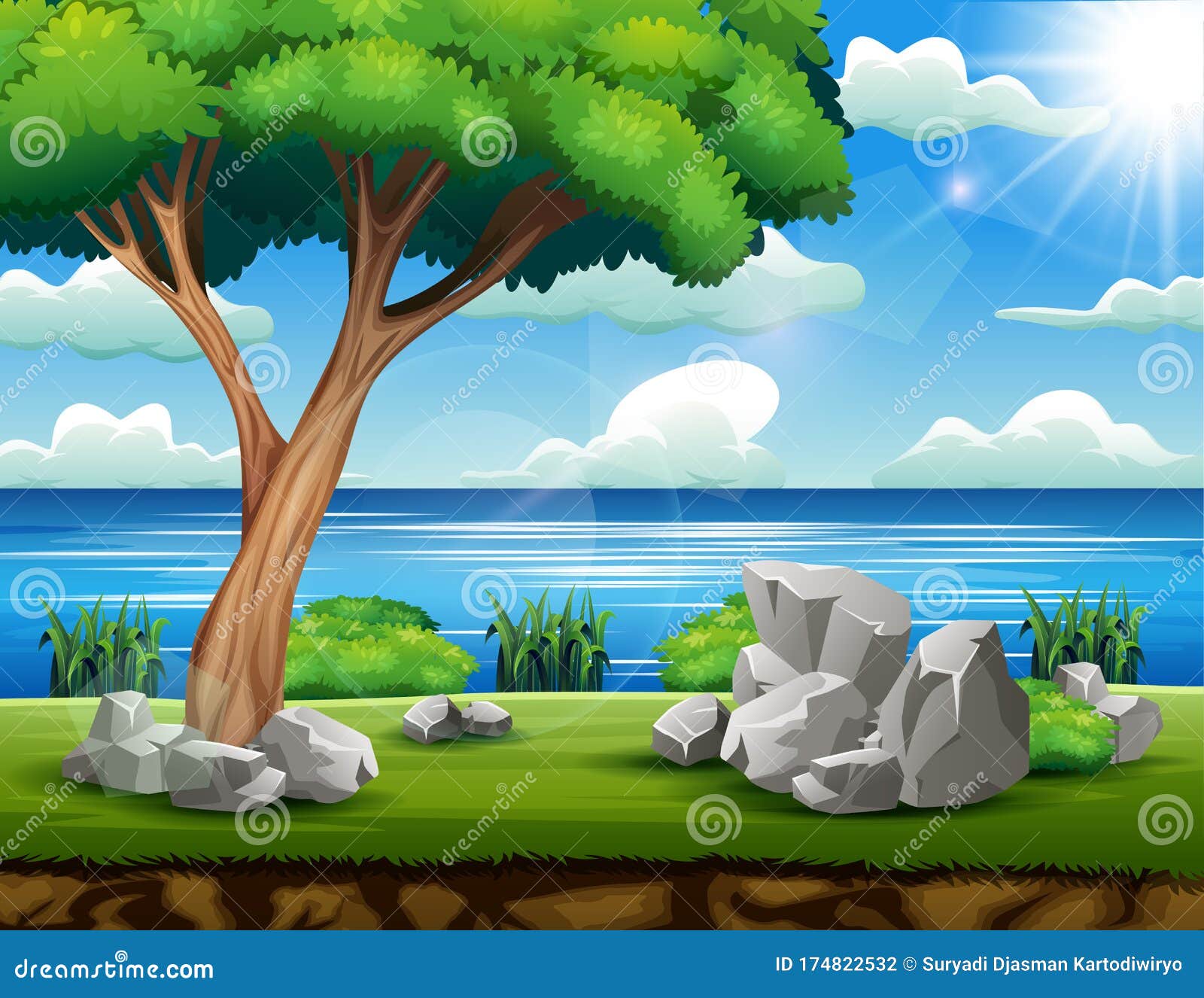 Background of Riverside Scene with Blue Sky Stock Vector - Illustration ...