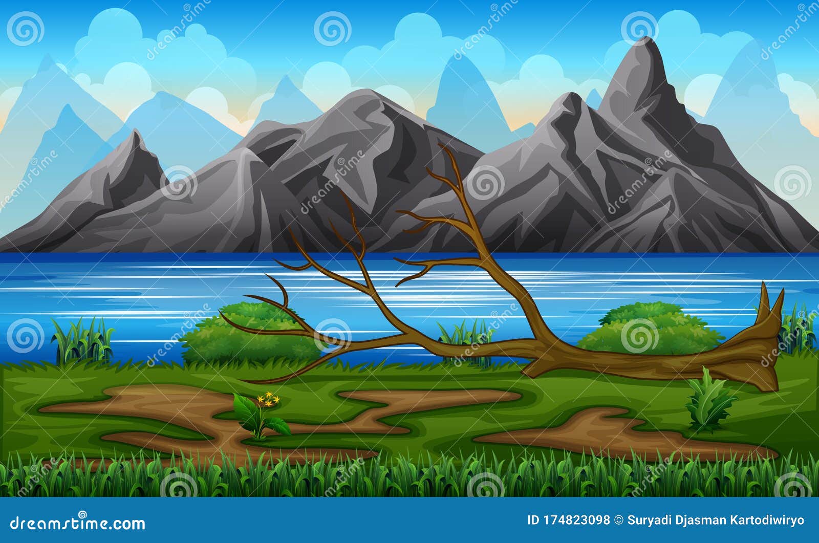 Fallen Tree on a Riverbank Illustration Stock Vector - Illustration of ...