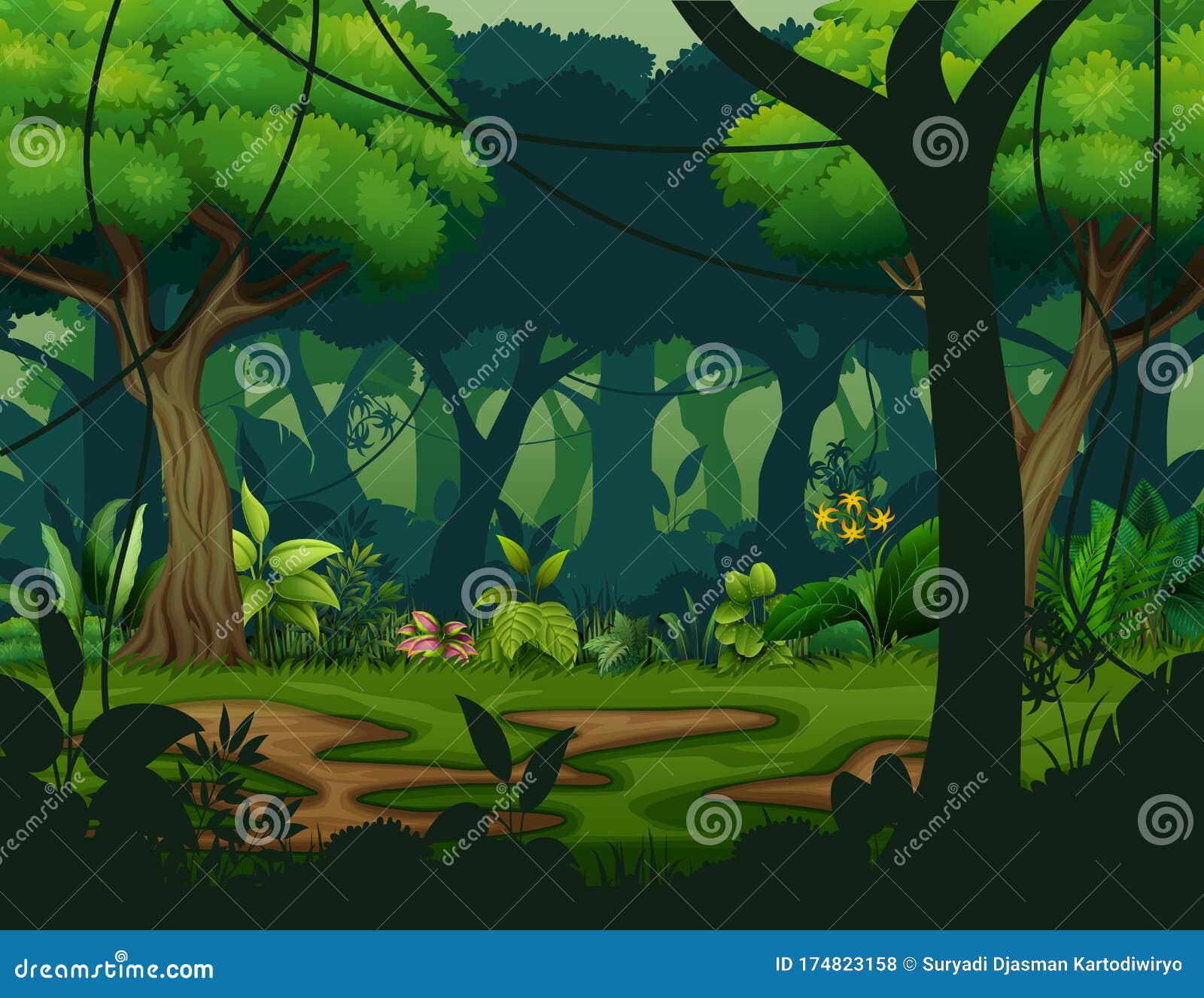 Dark Rainforest Frame. Green Tropical Trees, Herbs And Shrubs. Flat ...