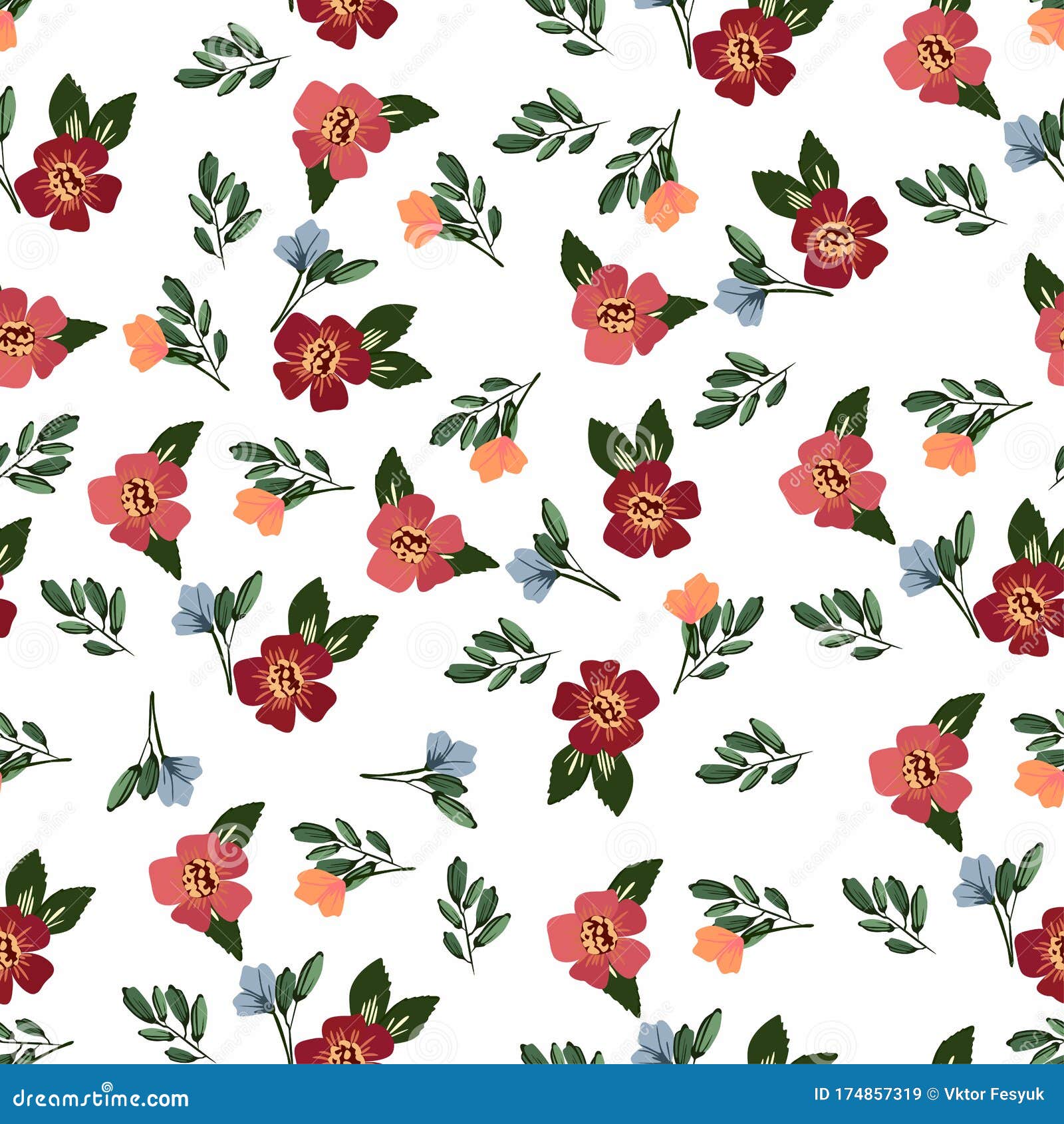 Seamless Repeat Pattern with Flowers in Red Blue on White Background ...