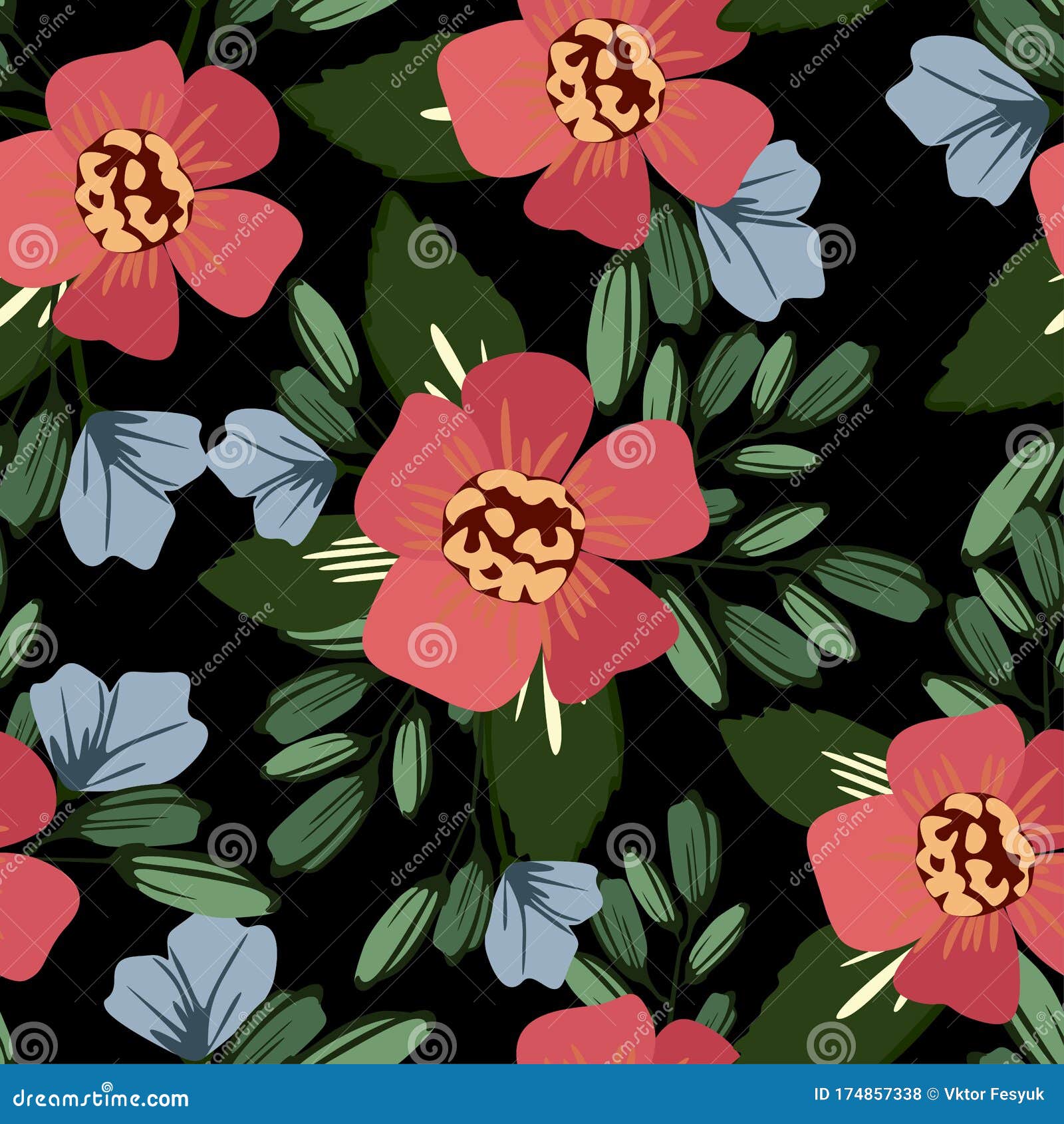Seamless Repeat Pattern with Flowers in Red Blue on Black Background ...