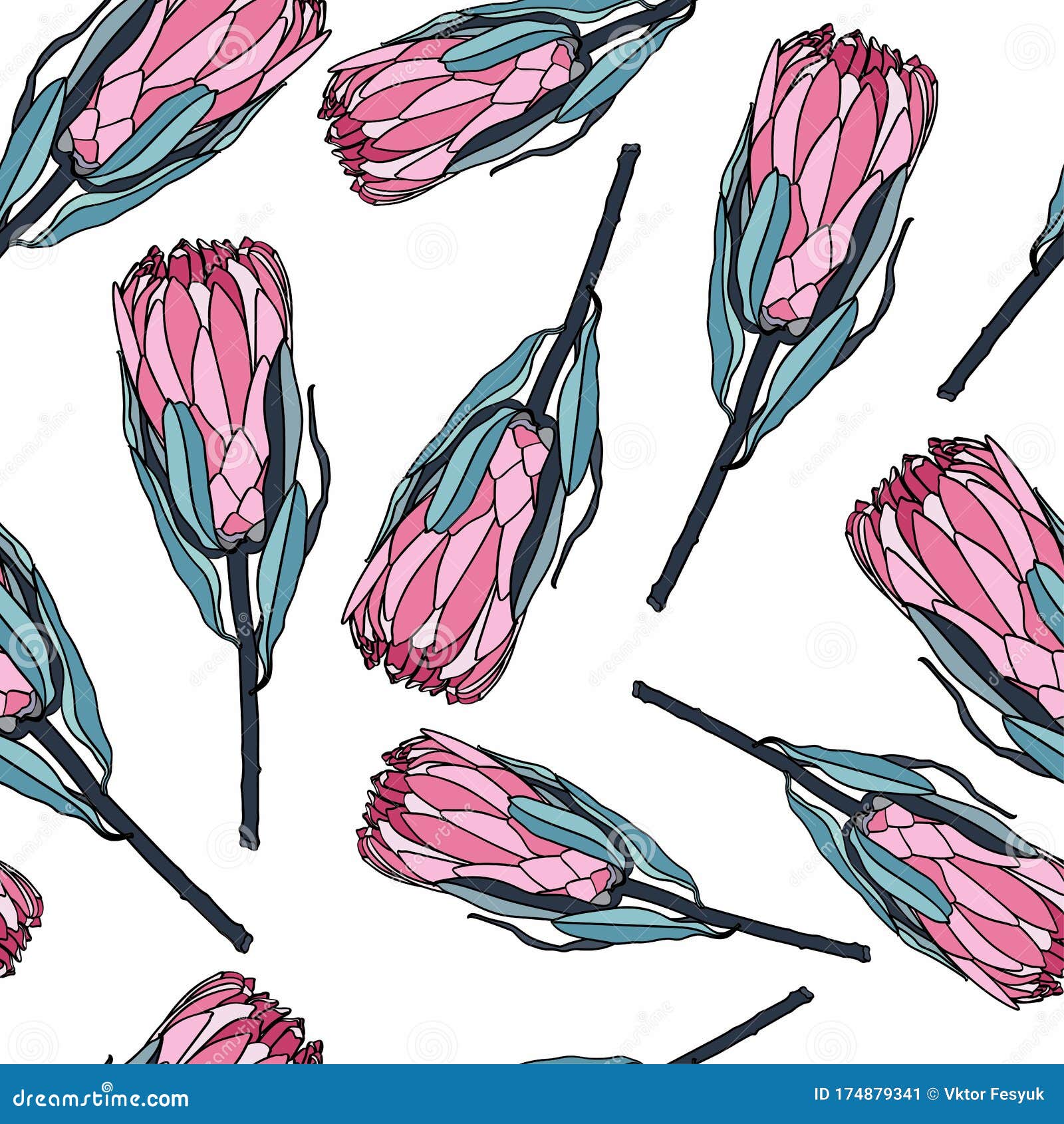Protea Seamless Pattern. Linear Sketchy Style Flower Elements. Fabric ...