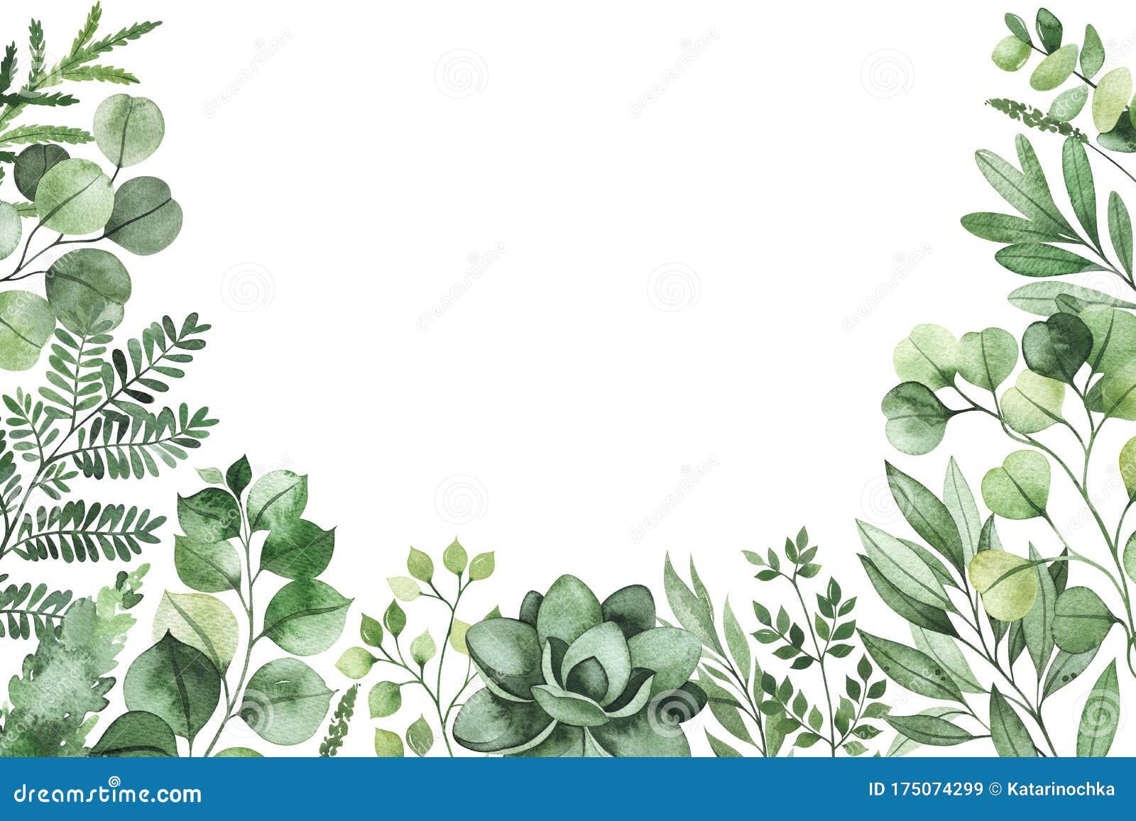 Watercolor Greenery Frame Invitation with Leaves,fern,branches,berry ...